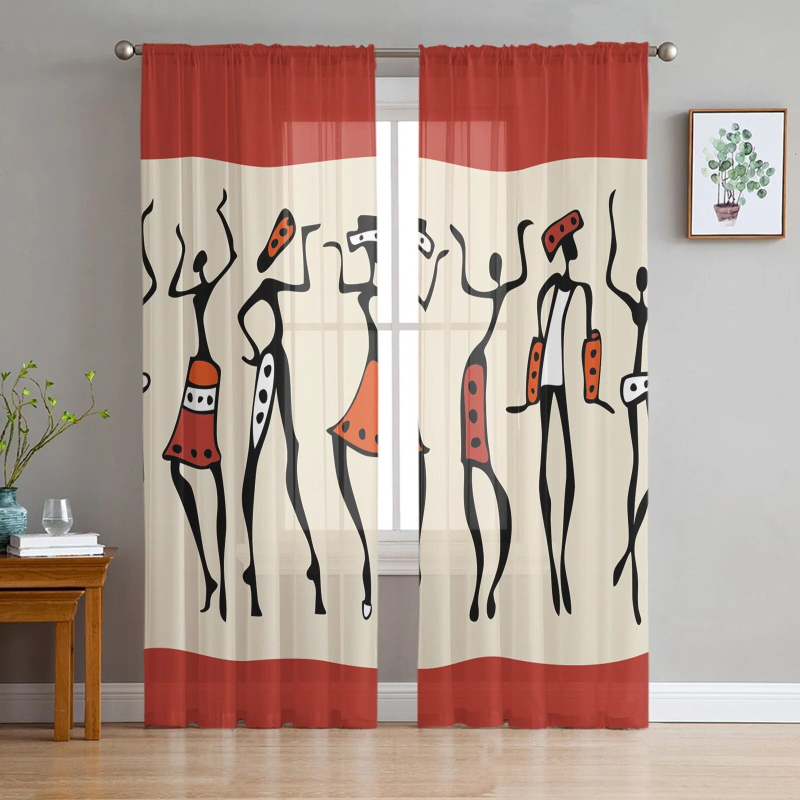 Traditional Ethnic Geometric Figures Beige Tulle Curtains Living Room ...
