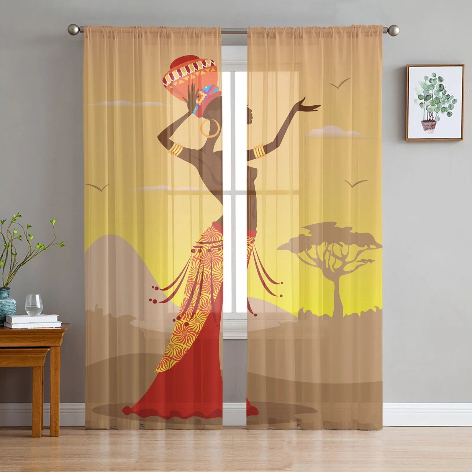Traditional Ethnic Geometric Figures Beige Tulle Curtains Living Room ...