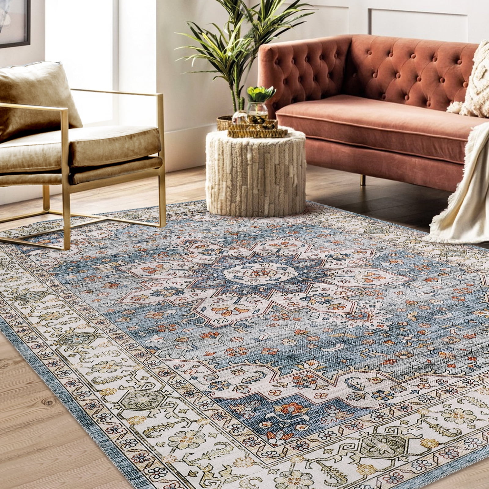 Traditional Floral Print Area Rug, Washable Low Pile Floor Mat with Non ...