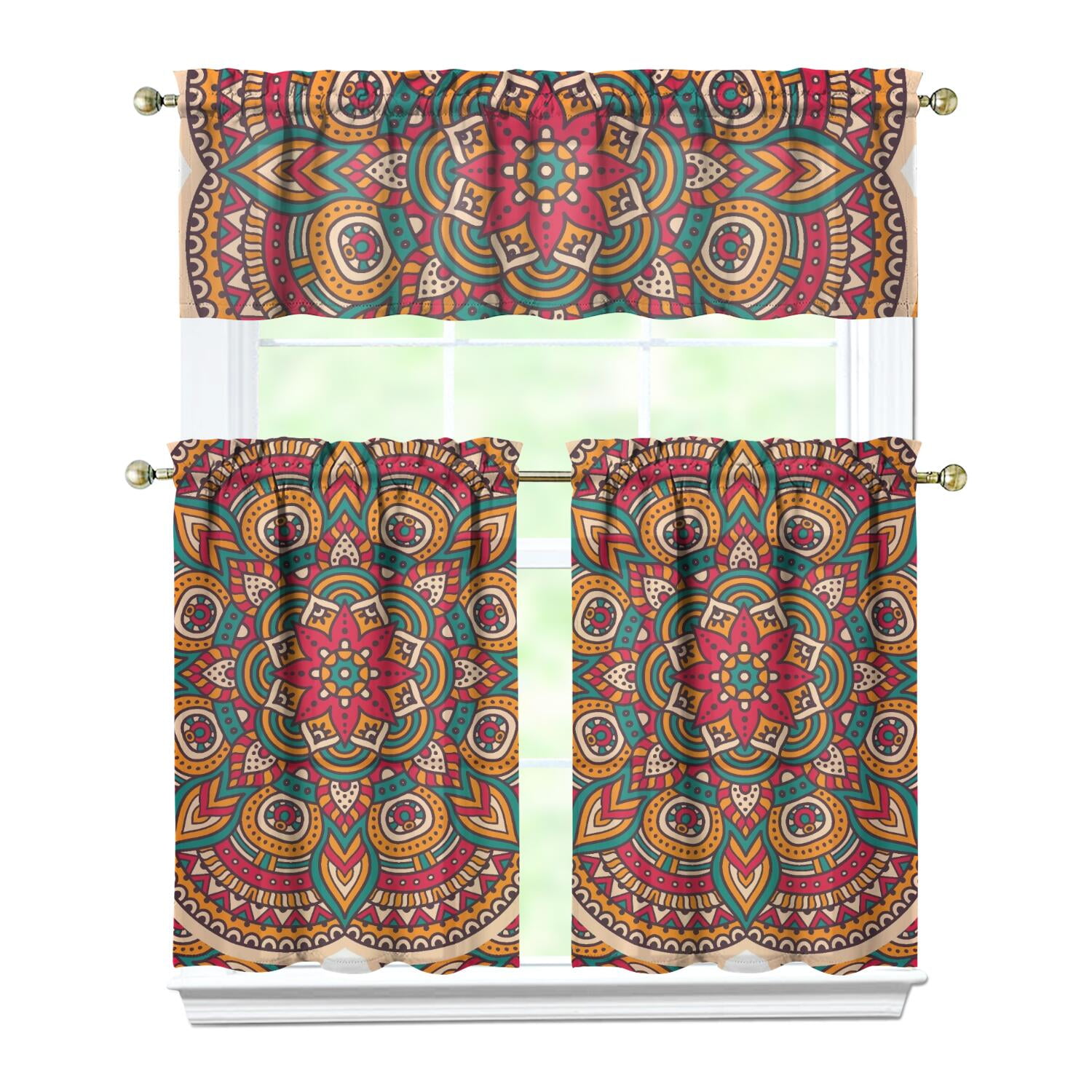 Traditional Folk Mandala Cafe Curtains - 3 PCS Tier and Valance Set ...