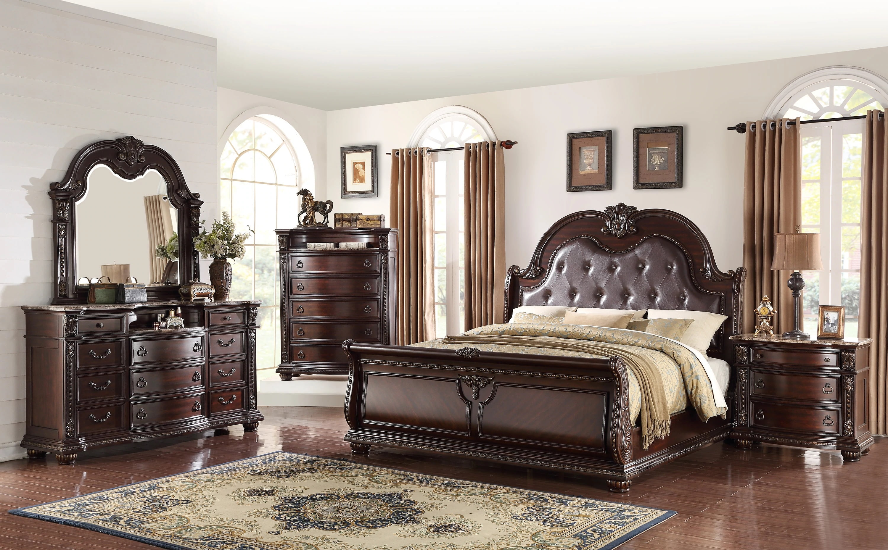 Traditional 6pc King Size Bedroom Suite Frame with Faux Leather ...