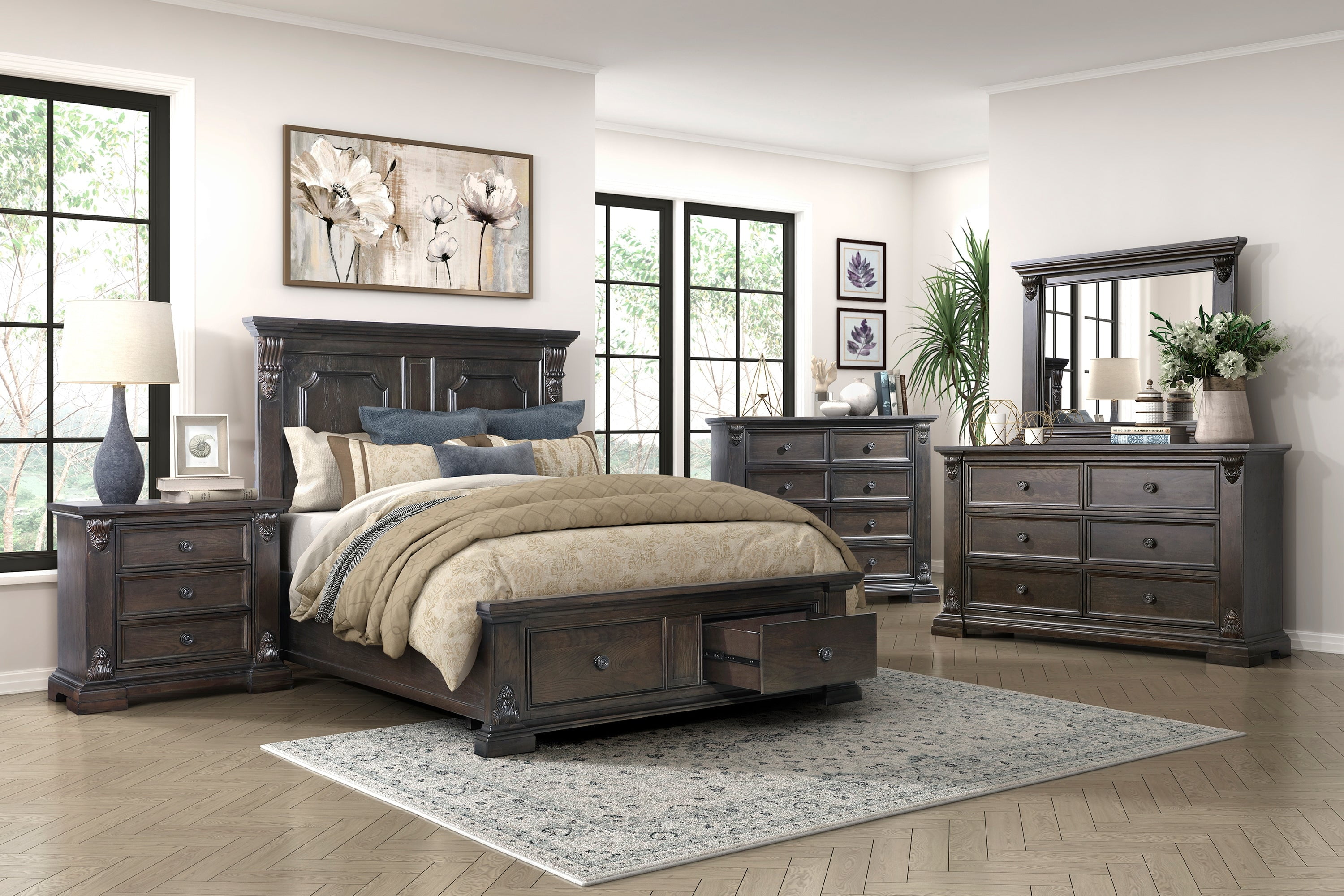 Traditional Formal Bedroom Set King Platform Bed Two Nightstands ...