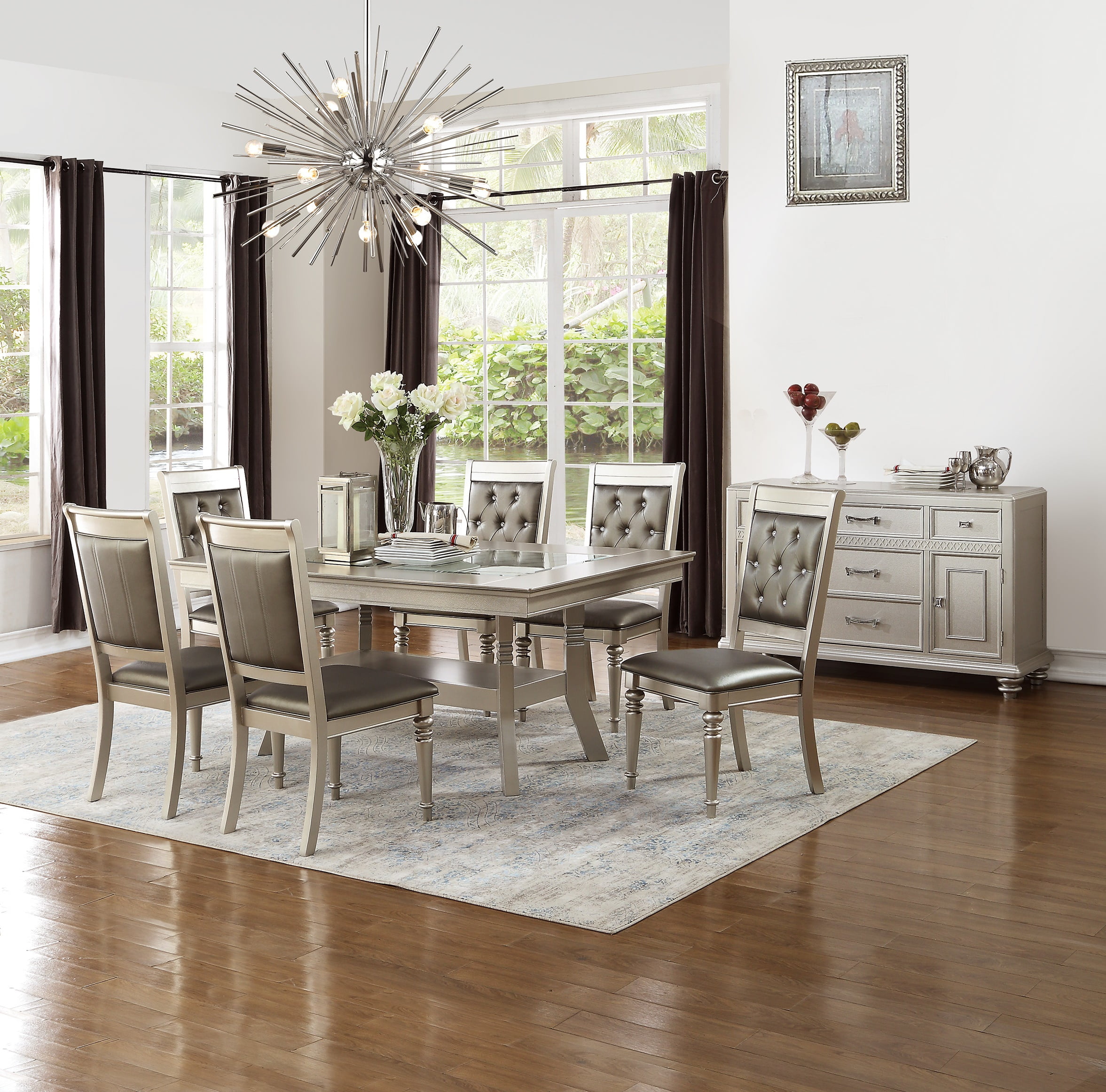 Traditional 7pc Silver Dining Room Furniture Set with Solid Wood Table ...