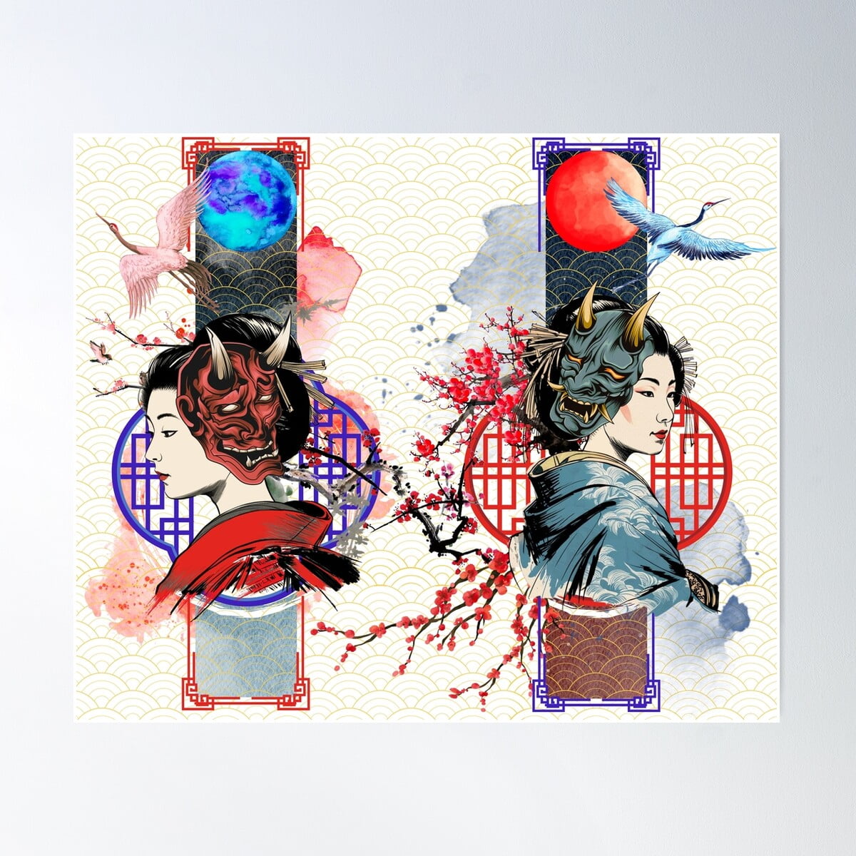 Traditional Geisha & Oni Mask Wall Art - Balance Of Red/Blue Elements For Modern Offices ...