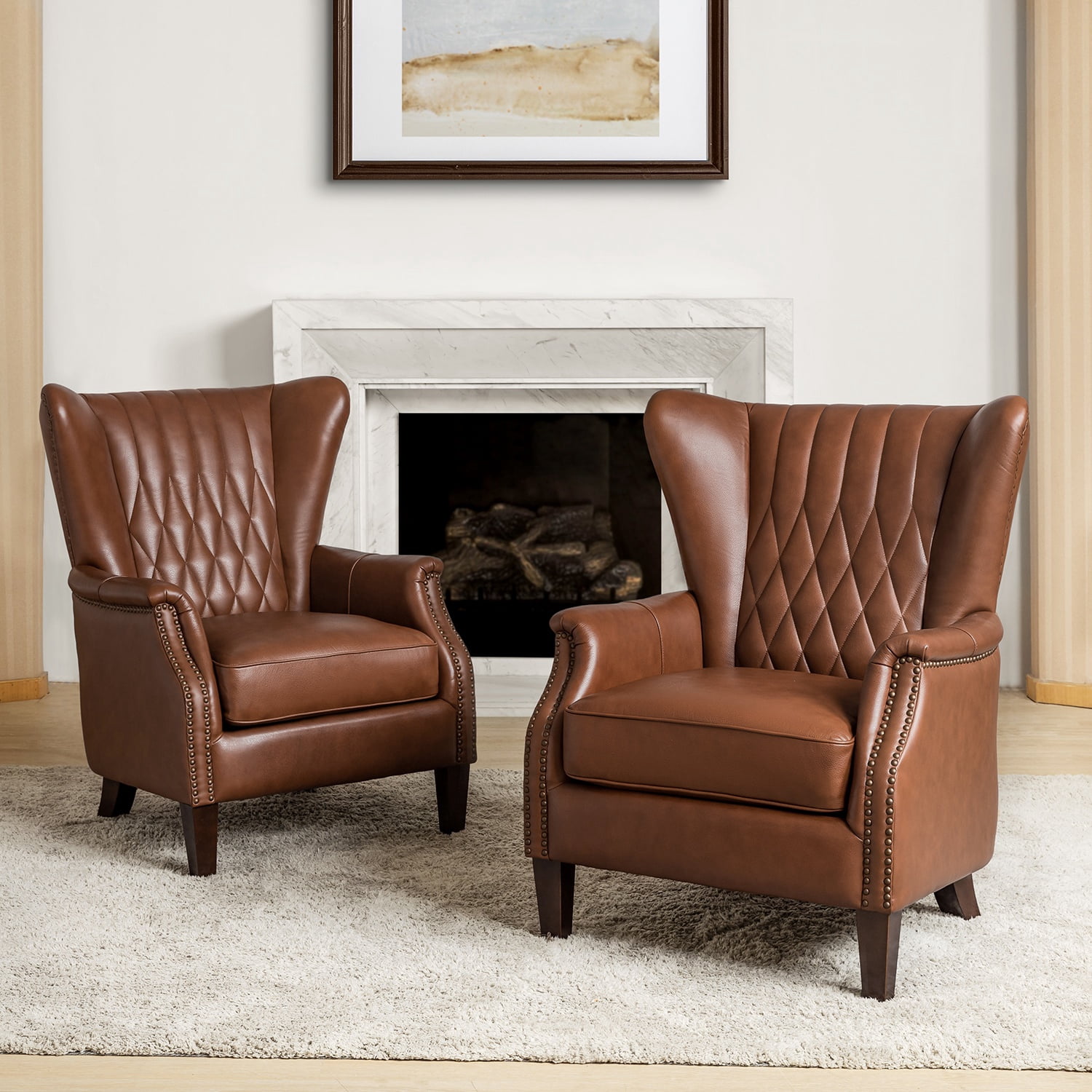 Traditional Genuine Leather Accent Chairs with Nailhead Trim Tufted ...