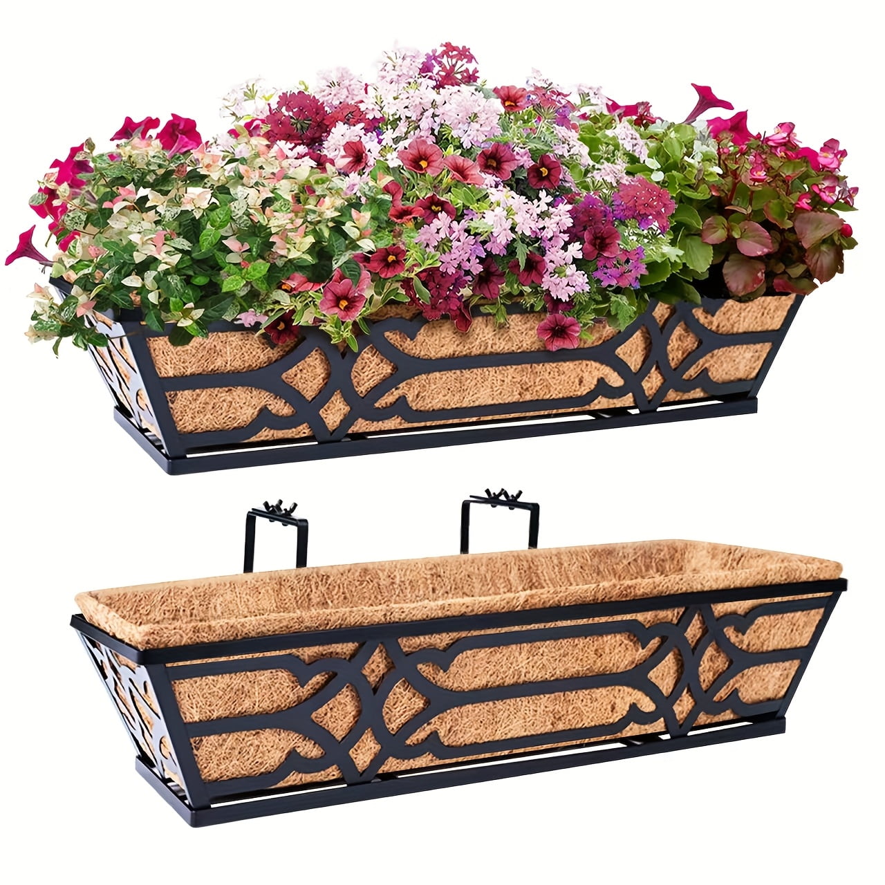 Traditional Geometric Black Metal Hanging Flower Box for Balcony & Deck ...