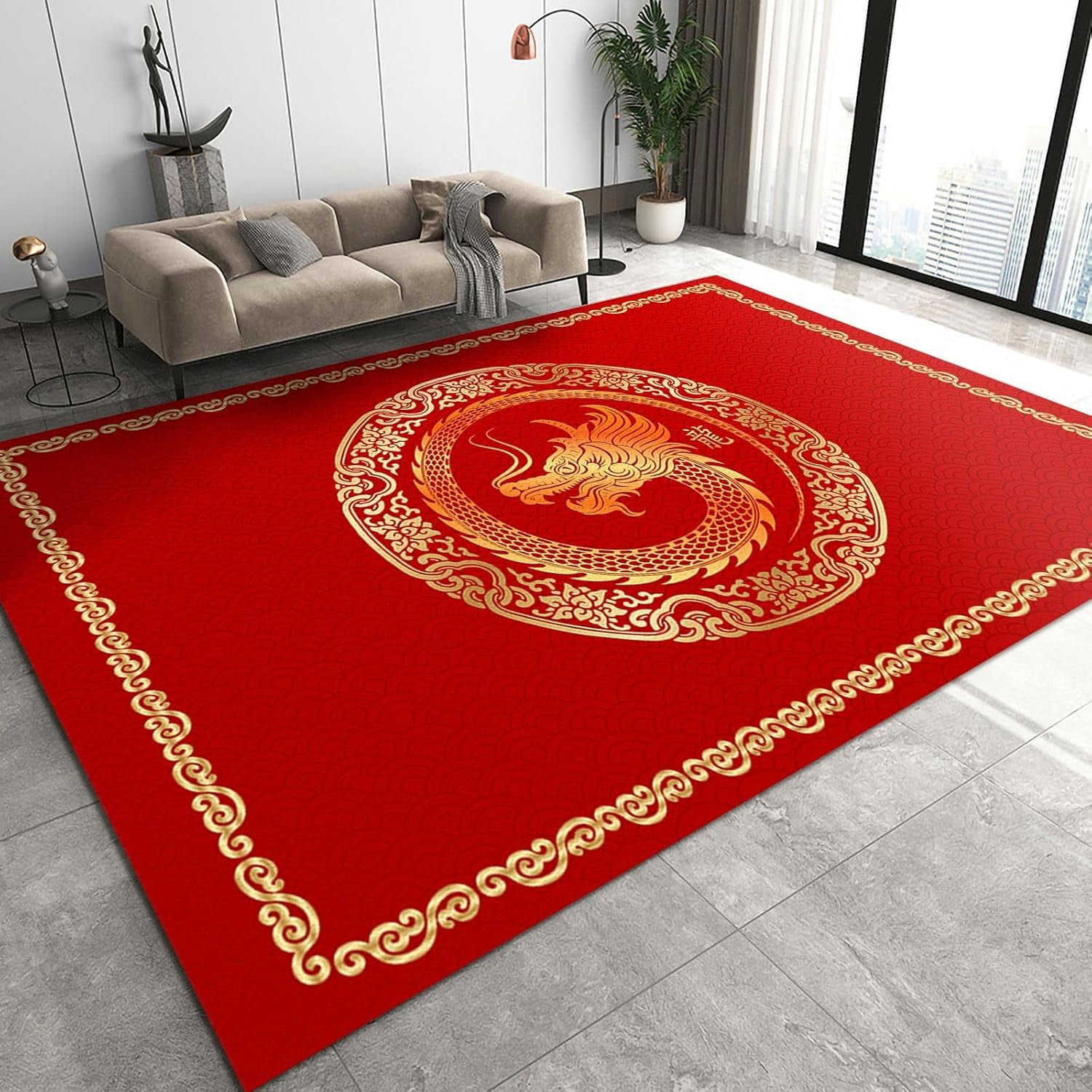 Traditional Golden Dragon Pattern Area Rugs, Chinese Style Simple Red ...