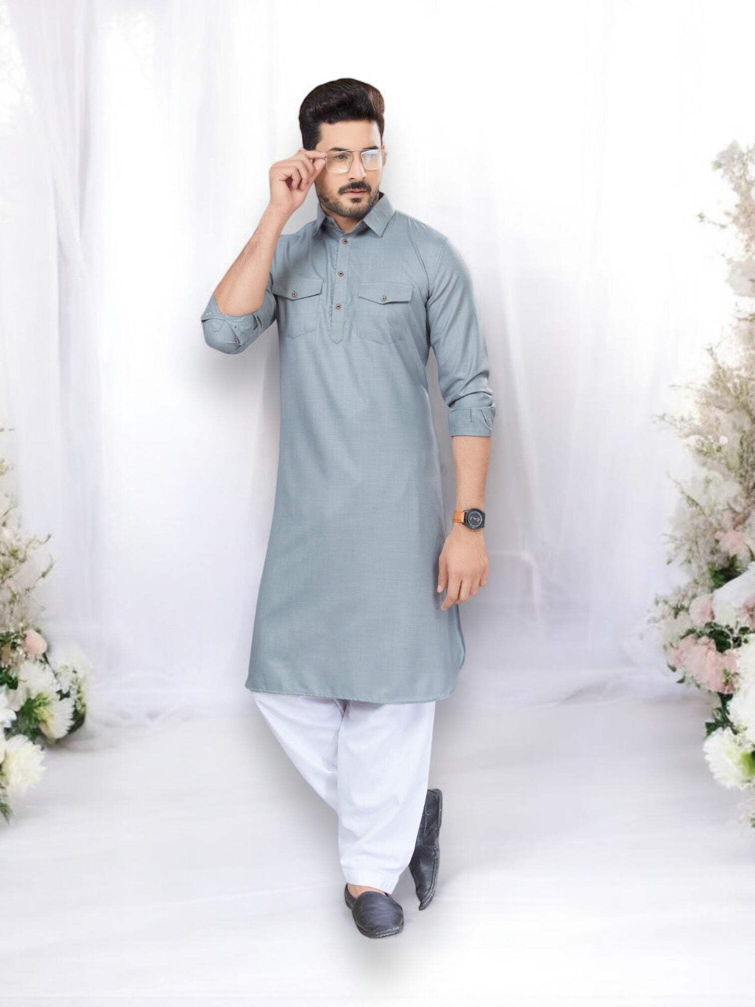 Traditional Gray Pathani Cotton Kurta Pajama Outfit– Ethnic Wear for ...