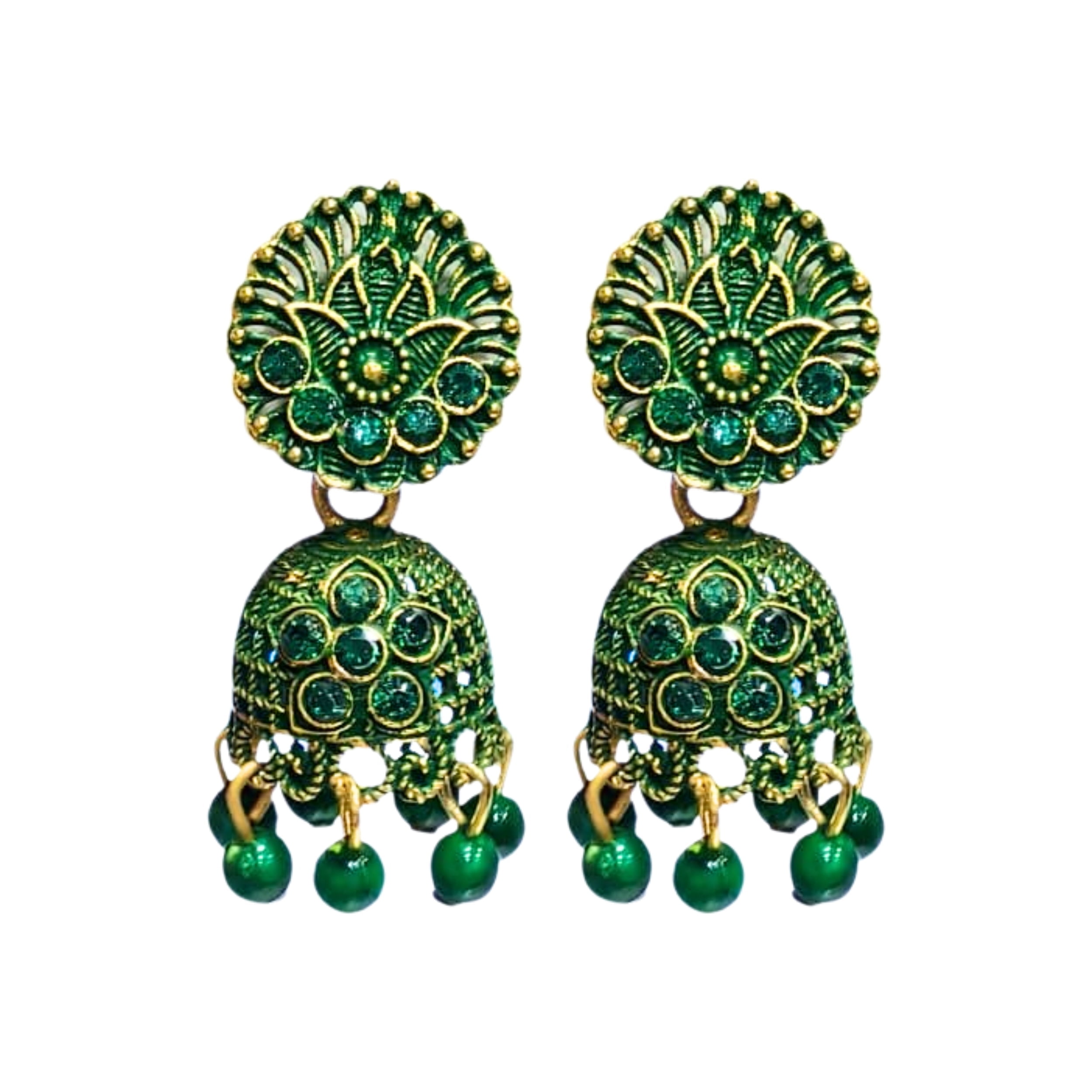 Traditional Green Floral Jhumka Dangle Earrings with Dome Design and ...