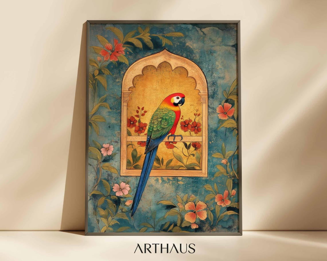 Traditional Indian Folk Wall Art Green Parrot Painting Bird Living Room ...