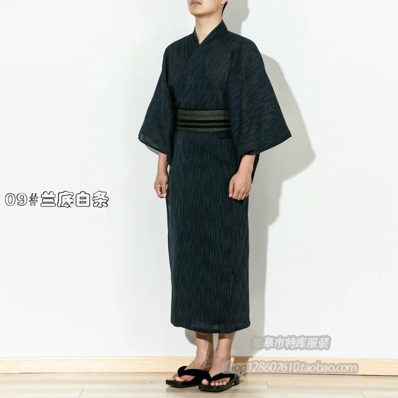 Traditional Japan Kimono Yukata Mens 95% Cotton Dressing Gown Male Lounge Robes with Belt Plus ...