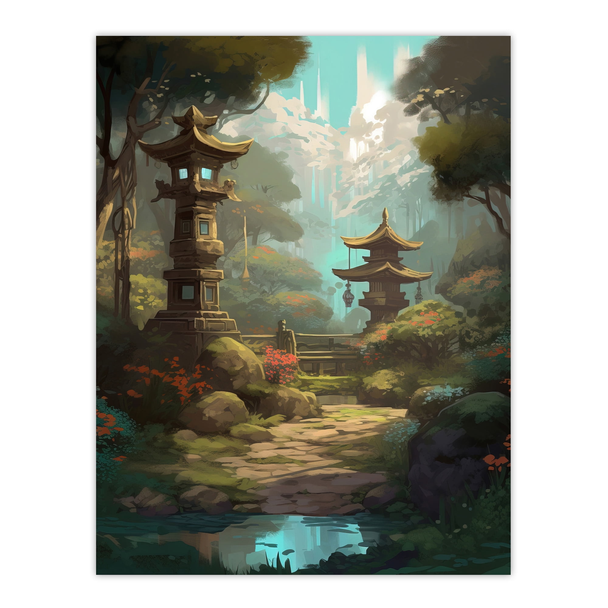 Traditional Japanese Garden Painting with Towers and Stone Lanterns ...
