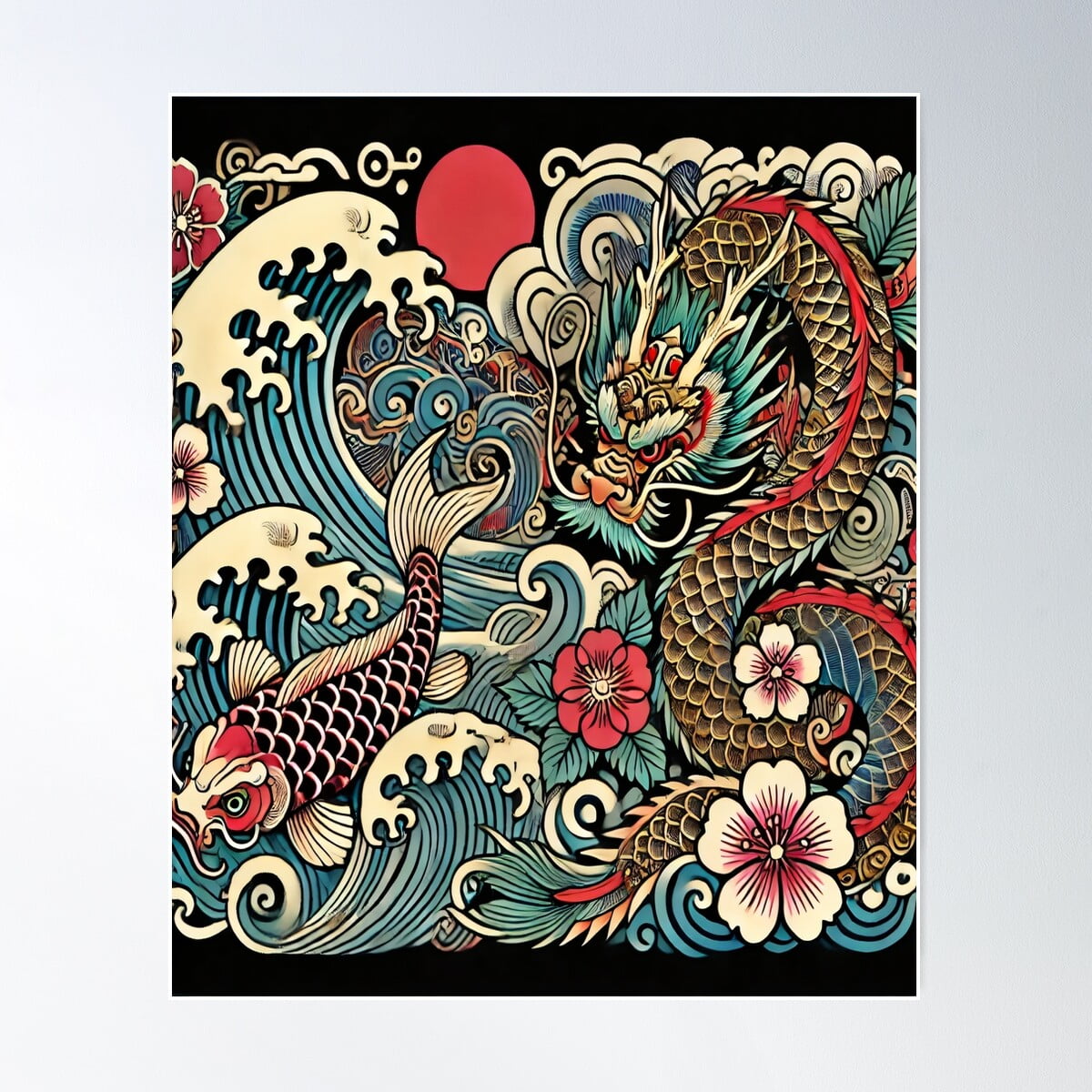 Traditional Japanese Irezumi Tattoo Art - Dragon And Koi Design Poster ...