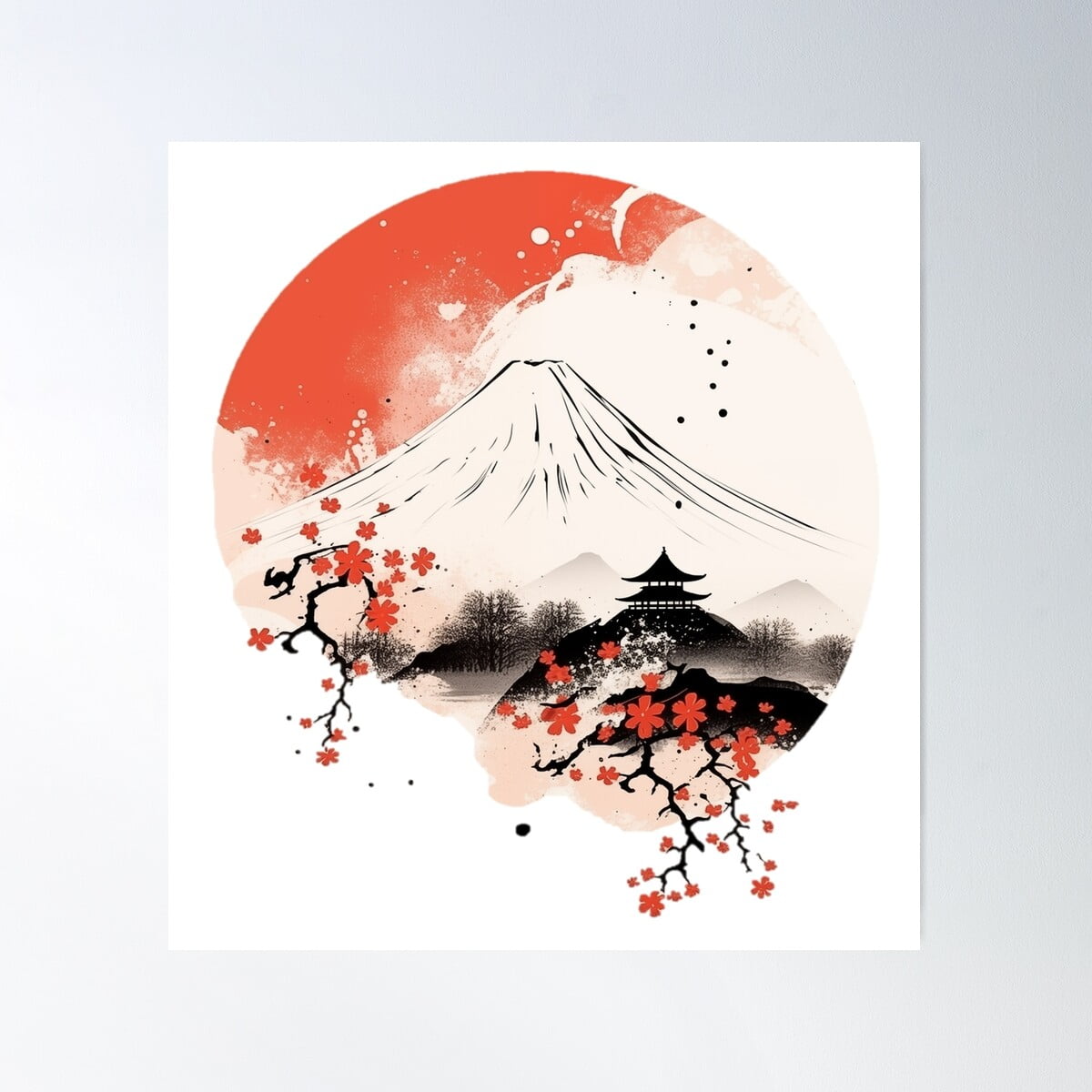 Traditional Japanese Sumi-E Painting - Mount Fuji With Cherry Blossoms ...
