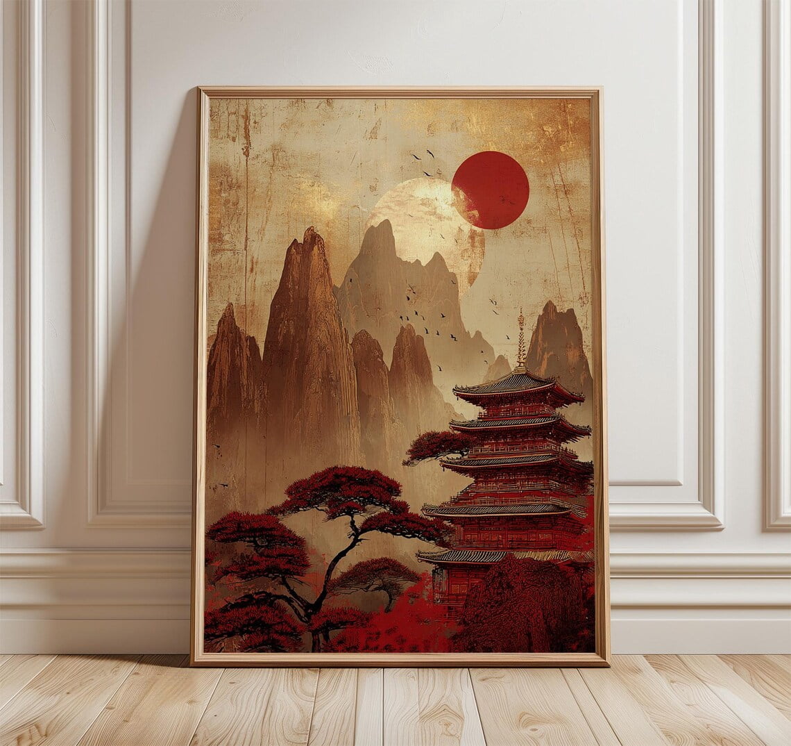 Traditional Japanese Temple Art Red Asian Landscape Zen Wall Decor ...