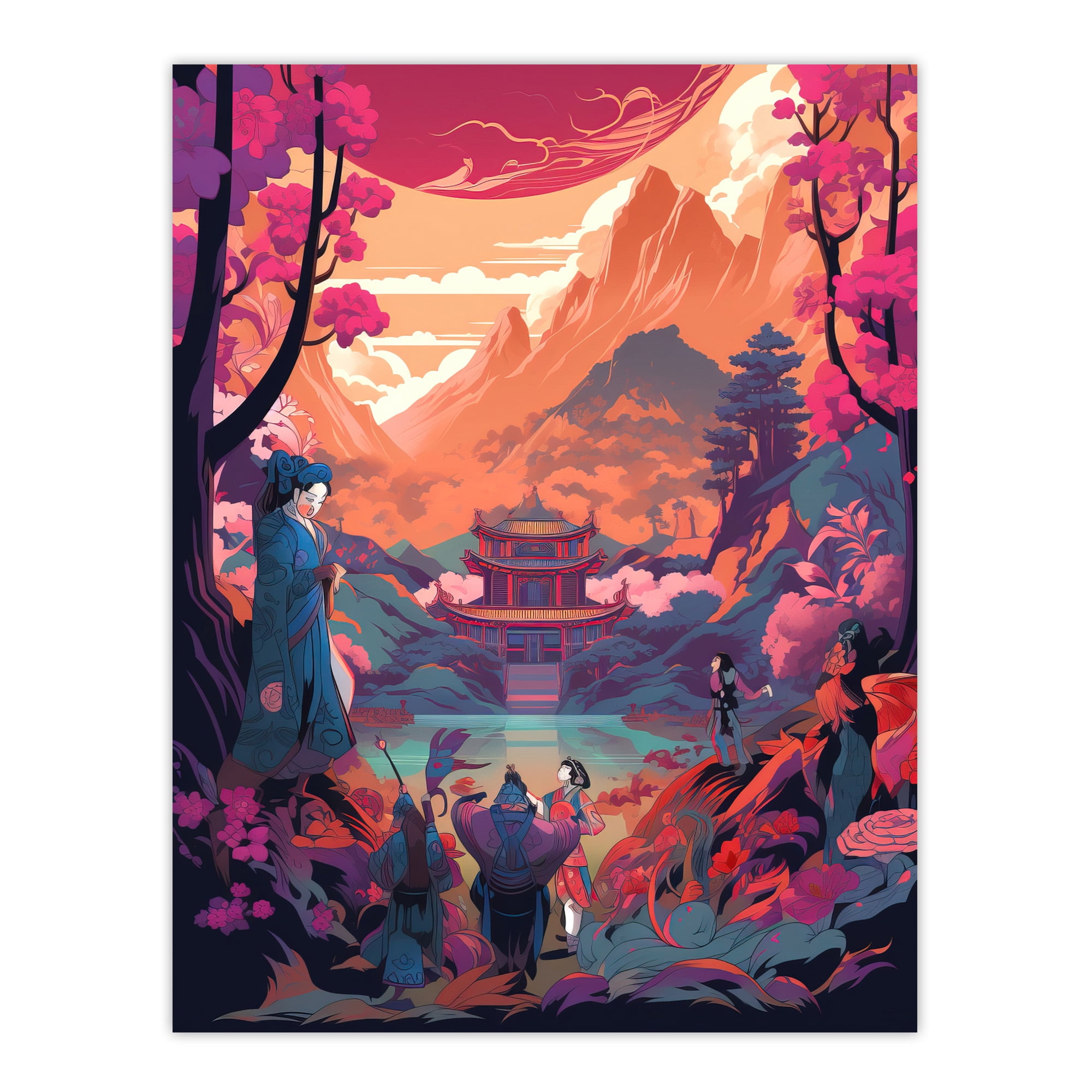 Traditional Kabuki Theatre Performance Scene Painting Vivid Pink Purple ...