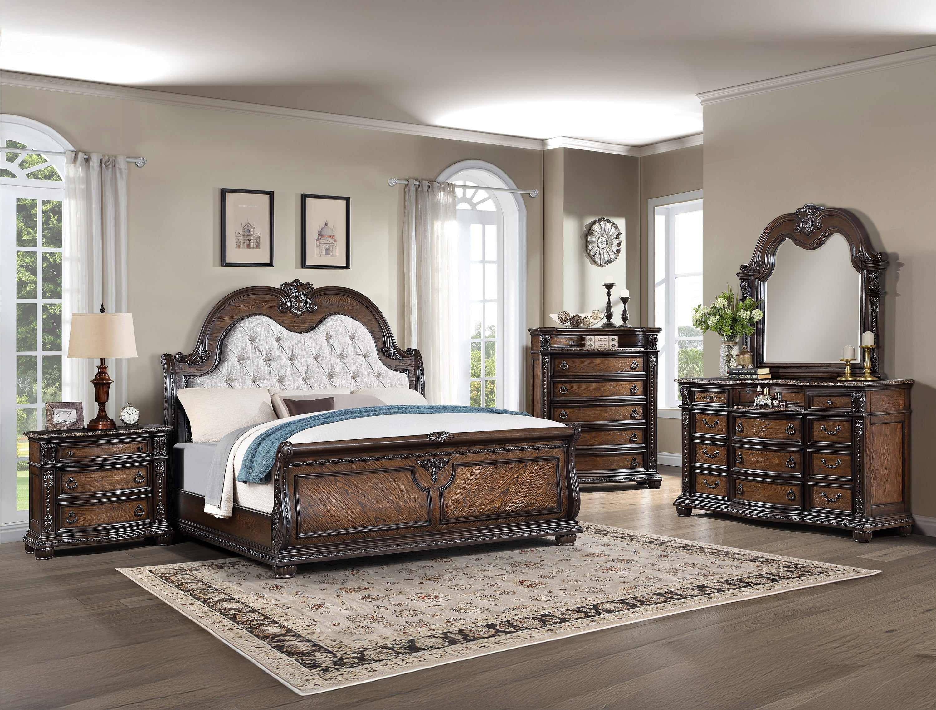 Traditional King Tufted Bed Set Coffee Brown Formal Bedroom Furniture ...