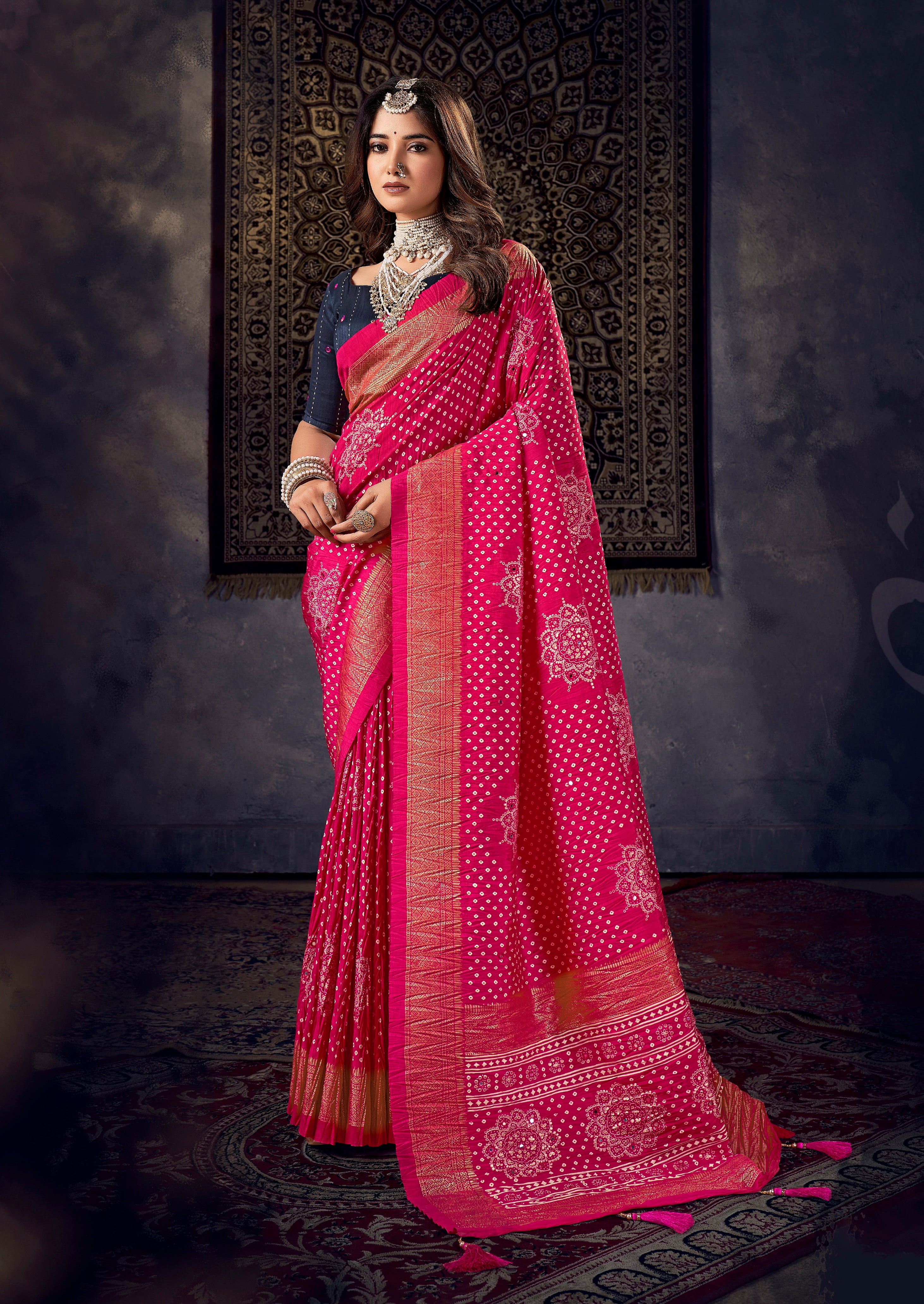 Traditional Lispstick Red Colored Tussar Silk Crush Bandhani Print ...