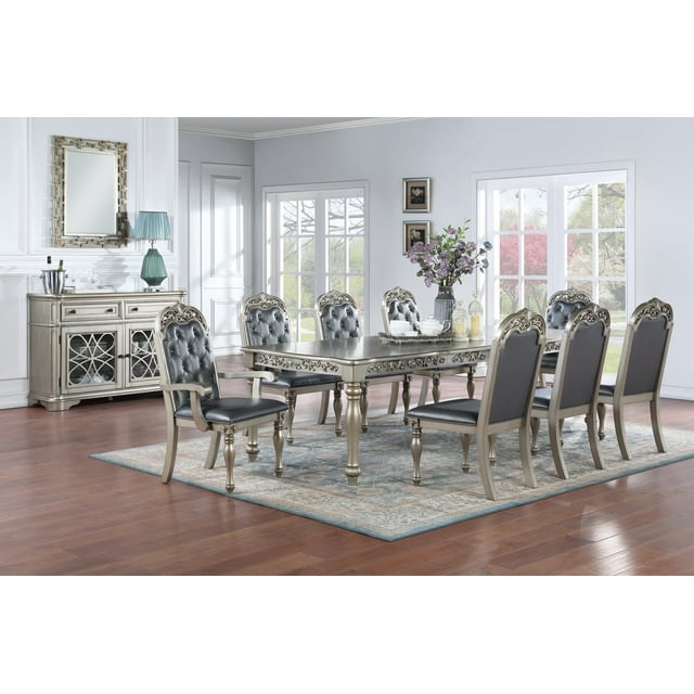 Luxury 9Pc Dining Set: Wooden Table, 2 Armchairs, 6 Side Chairs, Gray ...