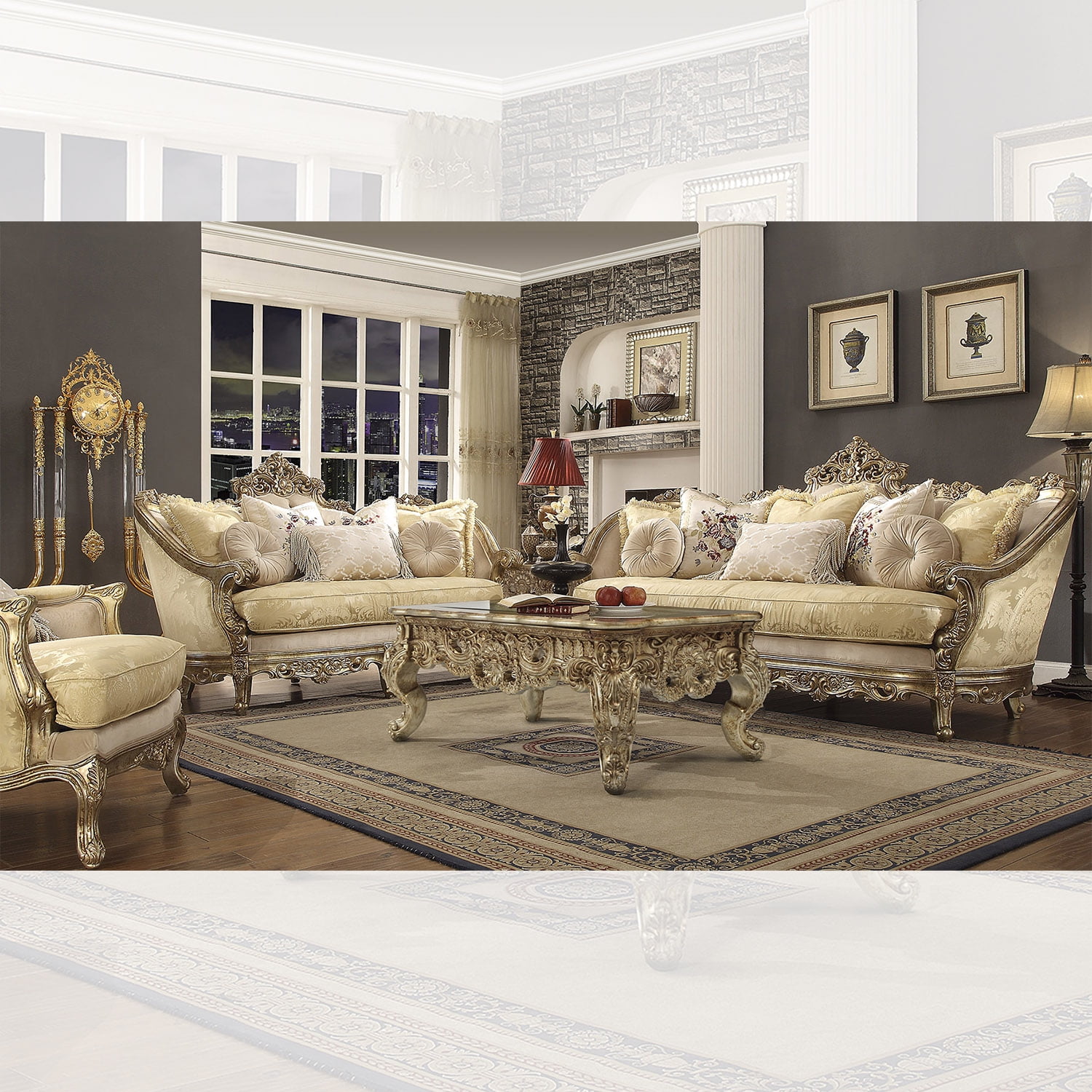 Traditional Luxury Chenille Gold Champagne 3Pcs Sofa Set By Homey ...