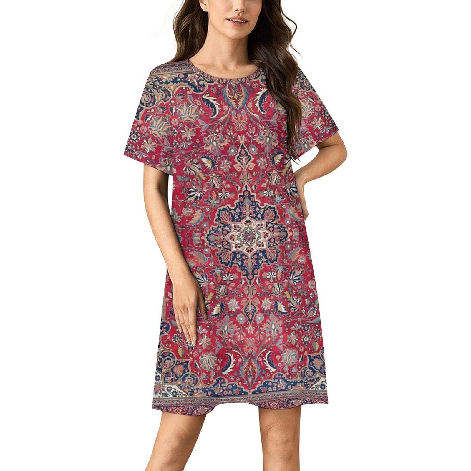 Traditional Luxury Dark Red Women Nightgown Sleepwear Short Sleeves For ...
