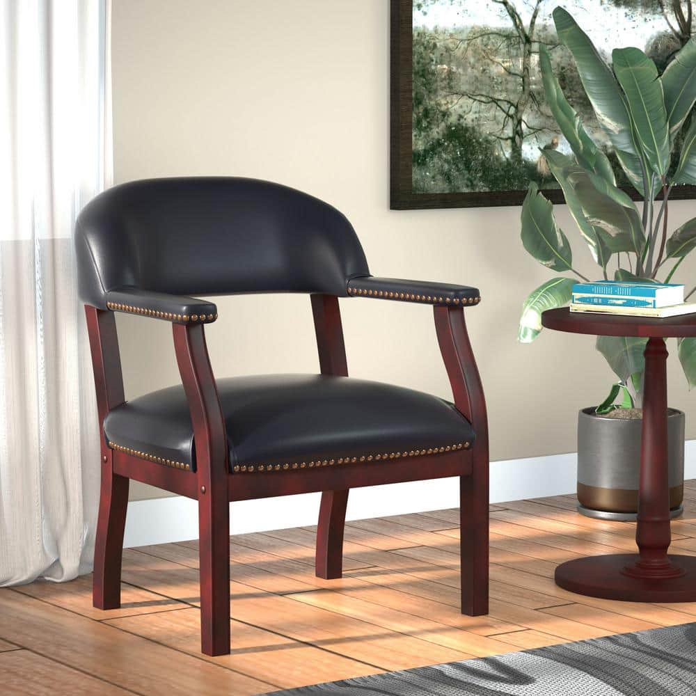 Traditional Mahogany Wood Finish Captain's Chair - Black Vinyl Cushions ...