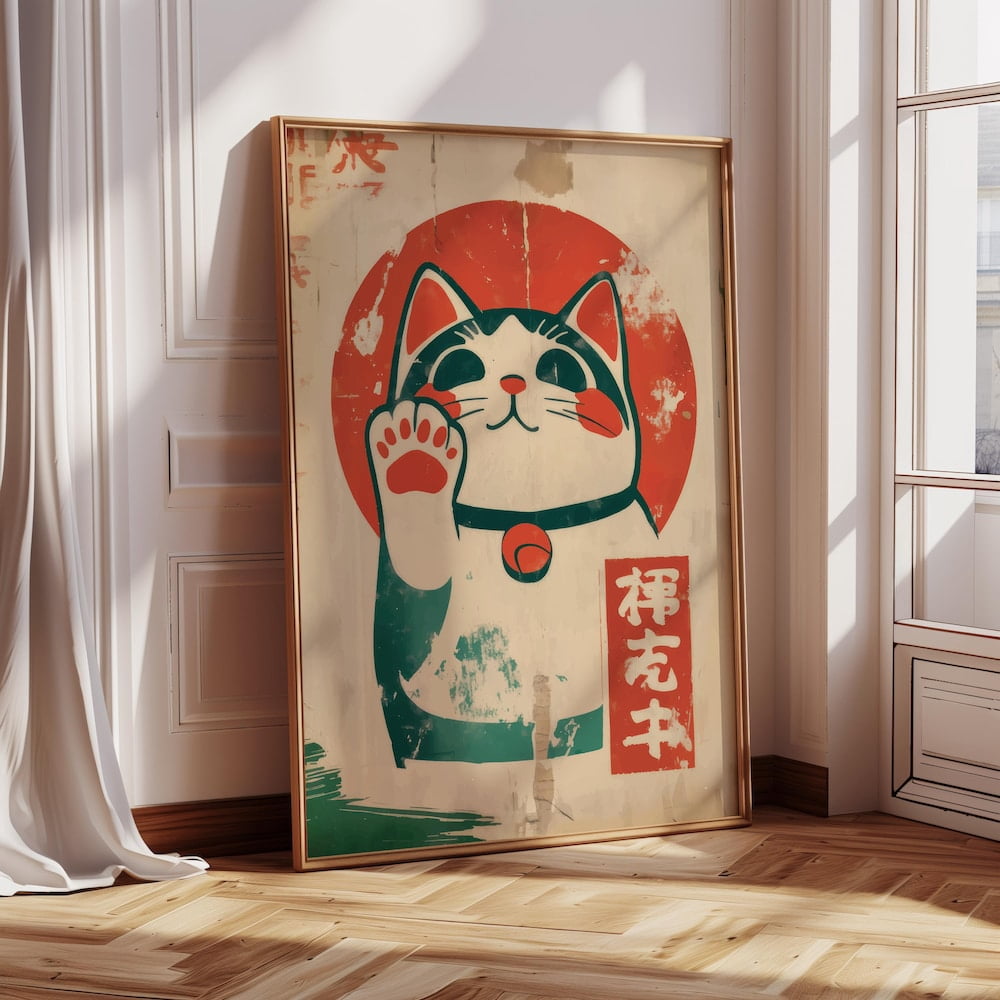 Traditional Maneki Neko Cat Print, Japanese Lucky Cat Poster, Retro ...