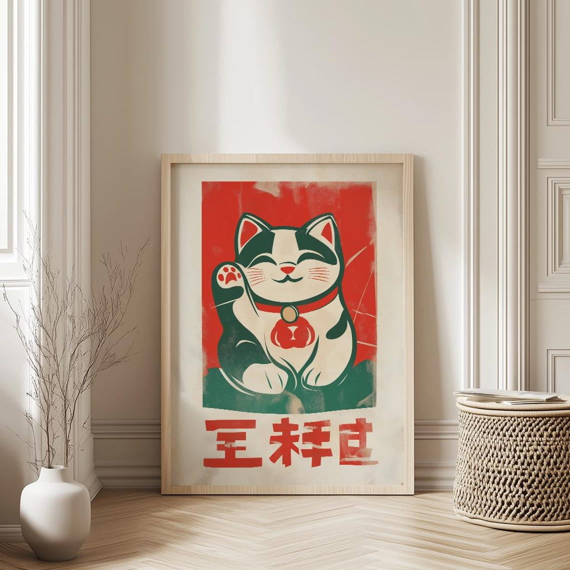 Traditional Maneki Neko Cat Print, Japanese Lucky Cat Poster, Retro ...