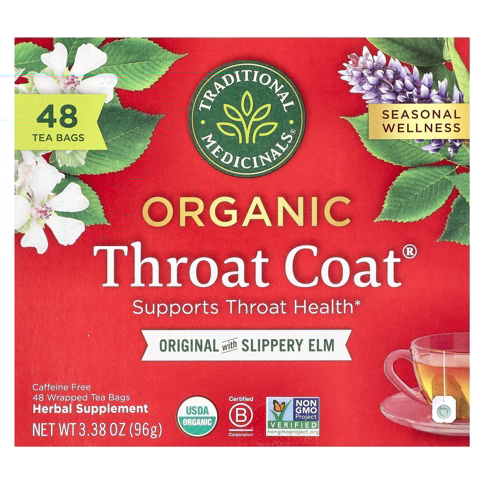 Traditional Medicinals Organic Throat Coat®, Original with Slippery Elm, Caffeine Free, 48 ...