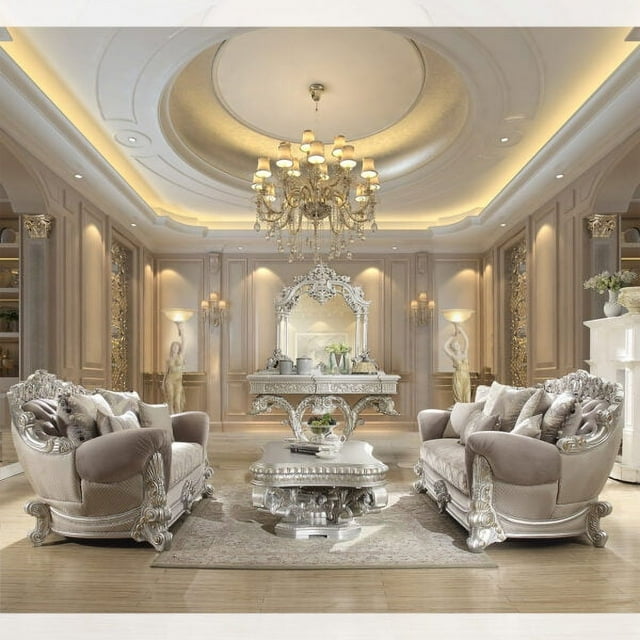 Traditional Metallic Silver 3Pcs Sofa Set Carved Wood Homey Design HD ...