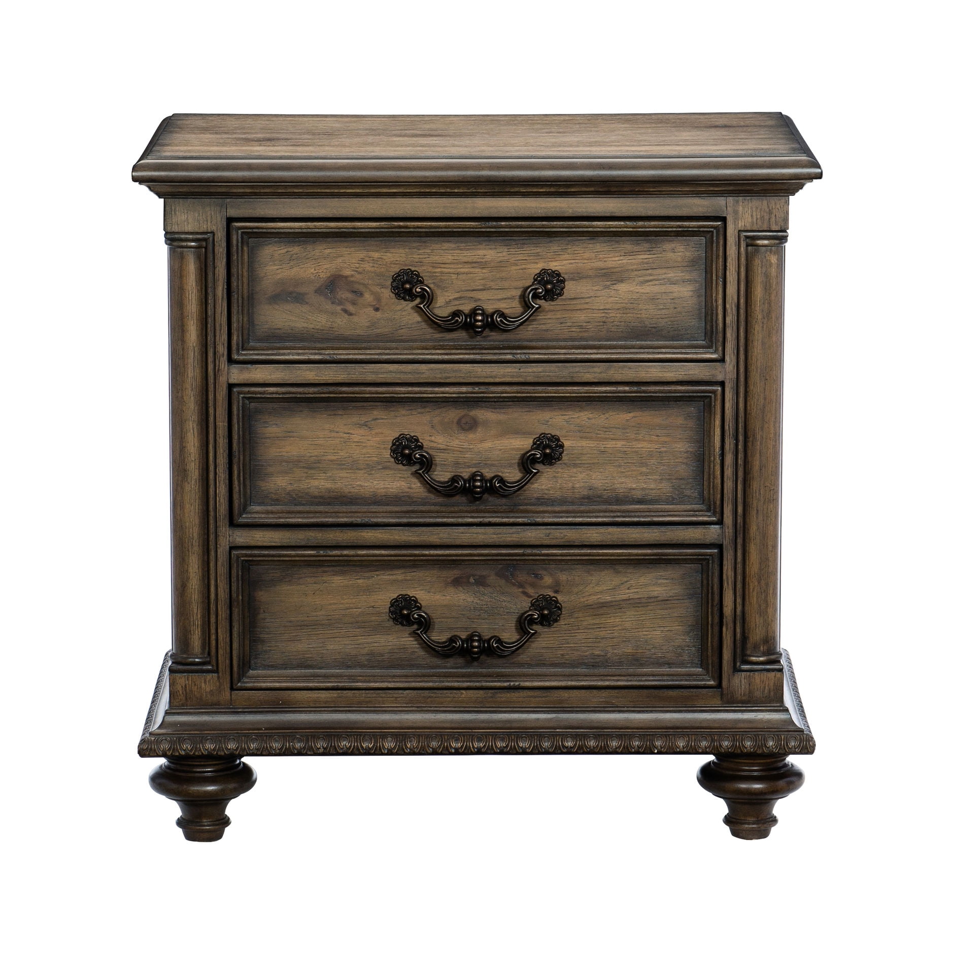Traditional Nightstand | 3 Dovetail Drawers for Bedroom | Brown Metal ...