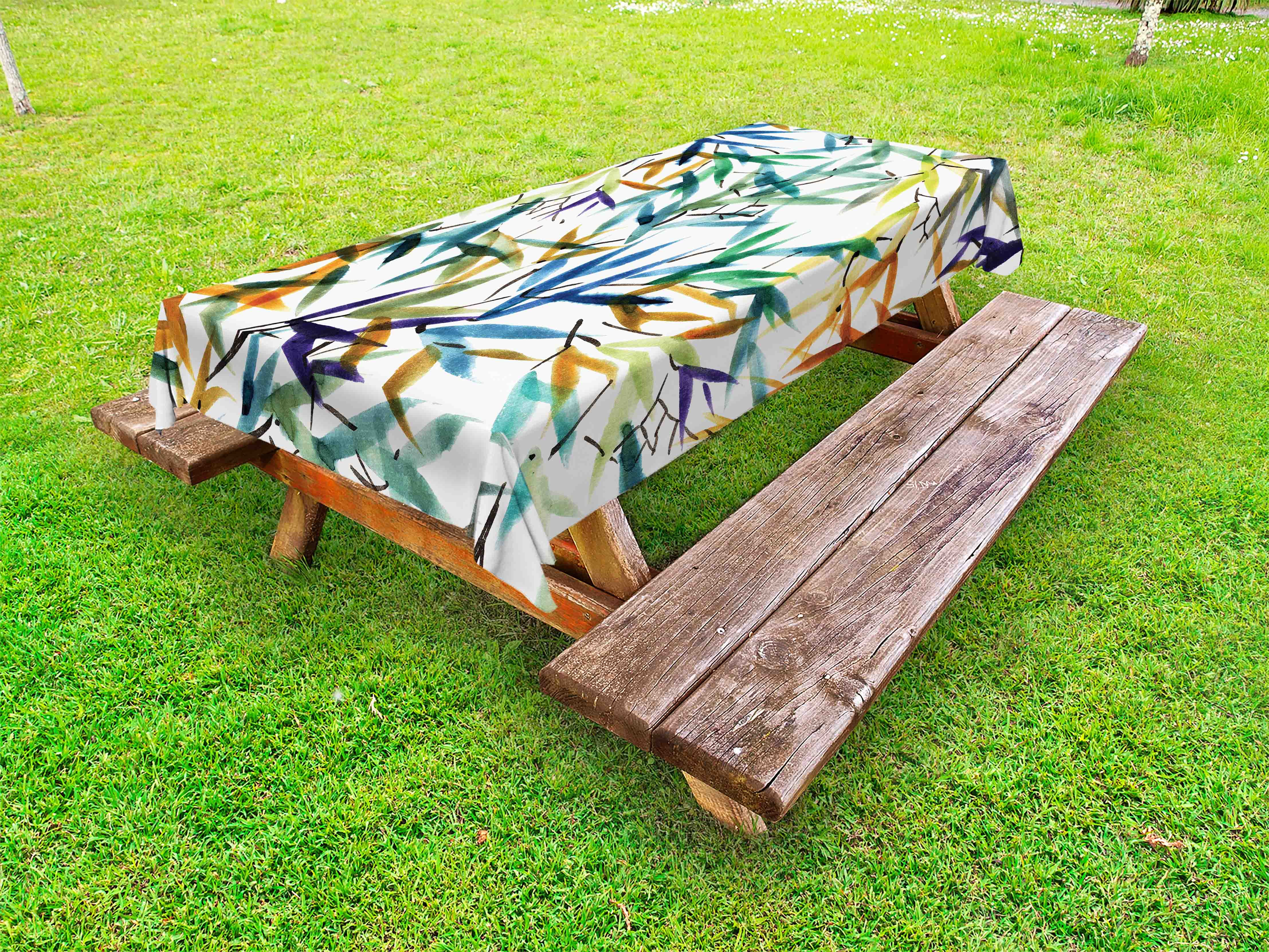 Traditional Outdoor Tablecloth, Colorful Bamboo Tree Leaves Hand Drawn ...