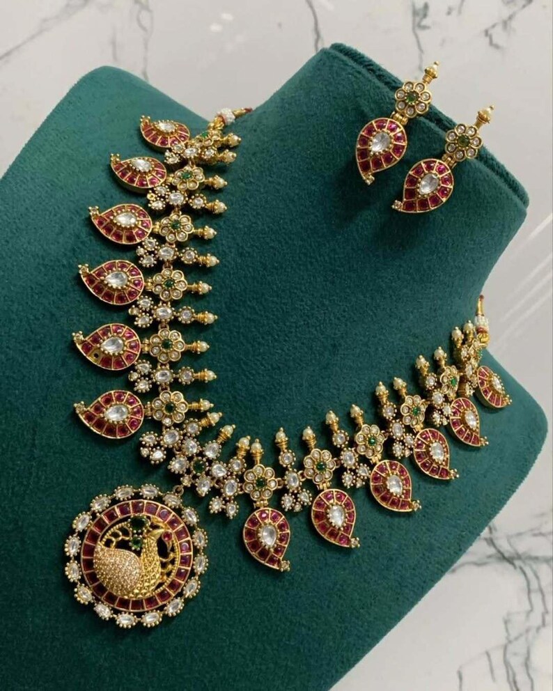 Traditional Peacock Design Red & Gold Necklace Set – Indian Bridal ...