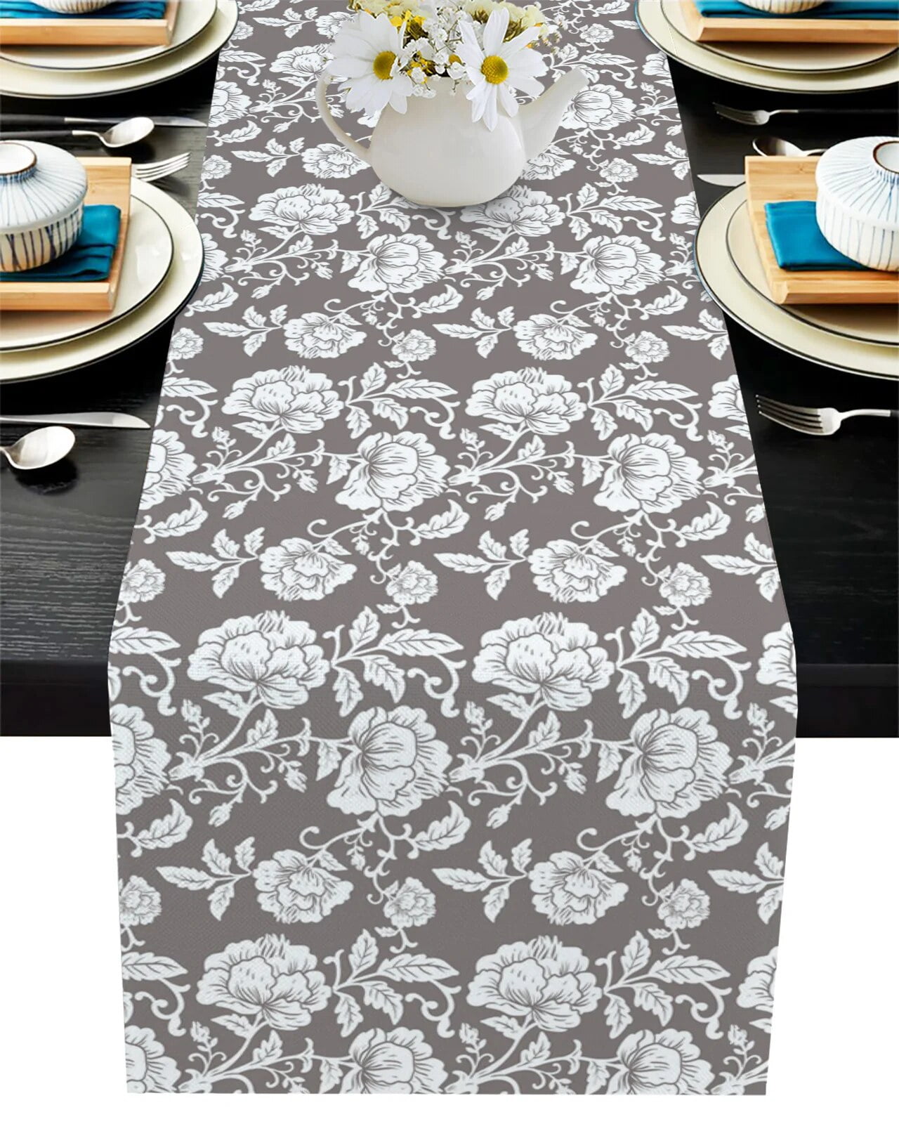 Traditional Peony Flower Pattern Table Runner Home Wedding Table Flag ...