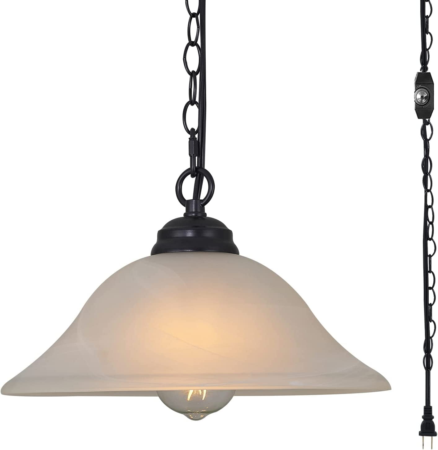 Traditional Plug in Pendant Light Fixture Alabaster Glass Shade, Black ...