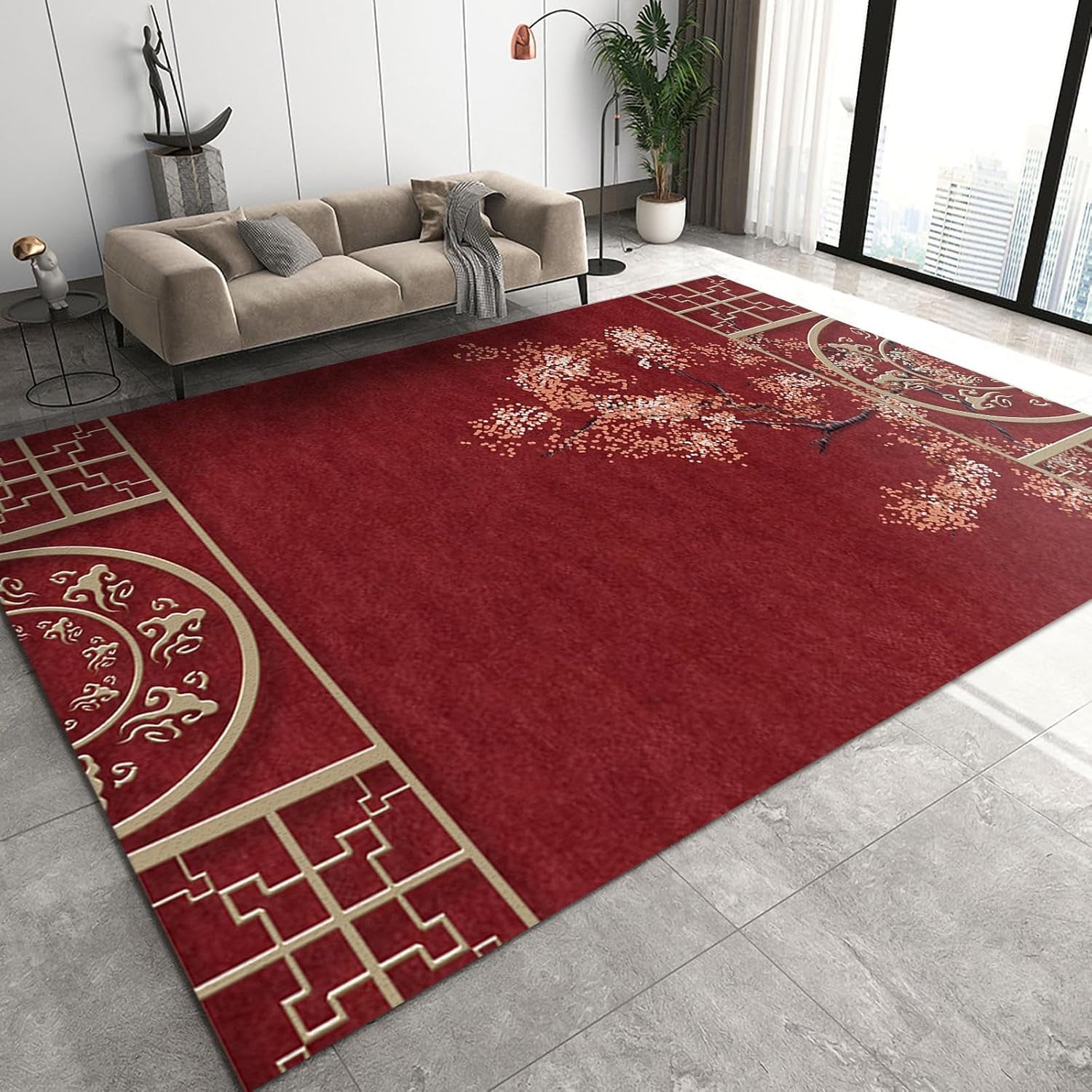 Traditional Plum Blossom Branch Art Carpet, Golden Classical Screen Red ...