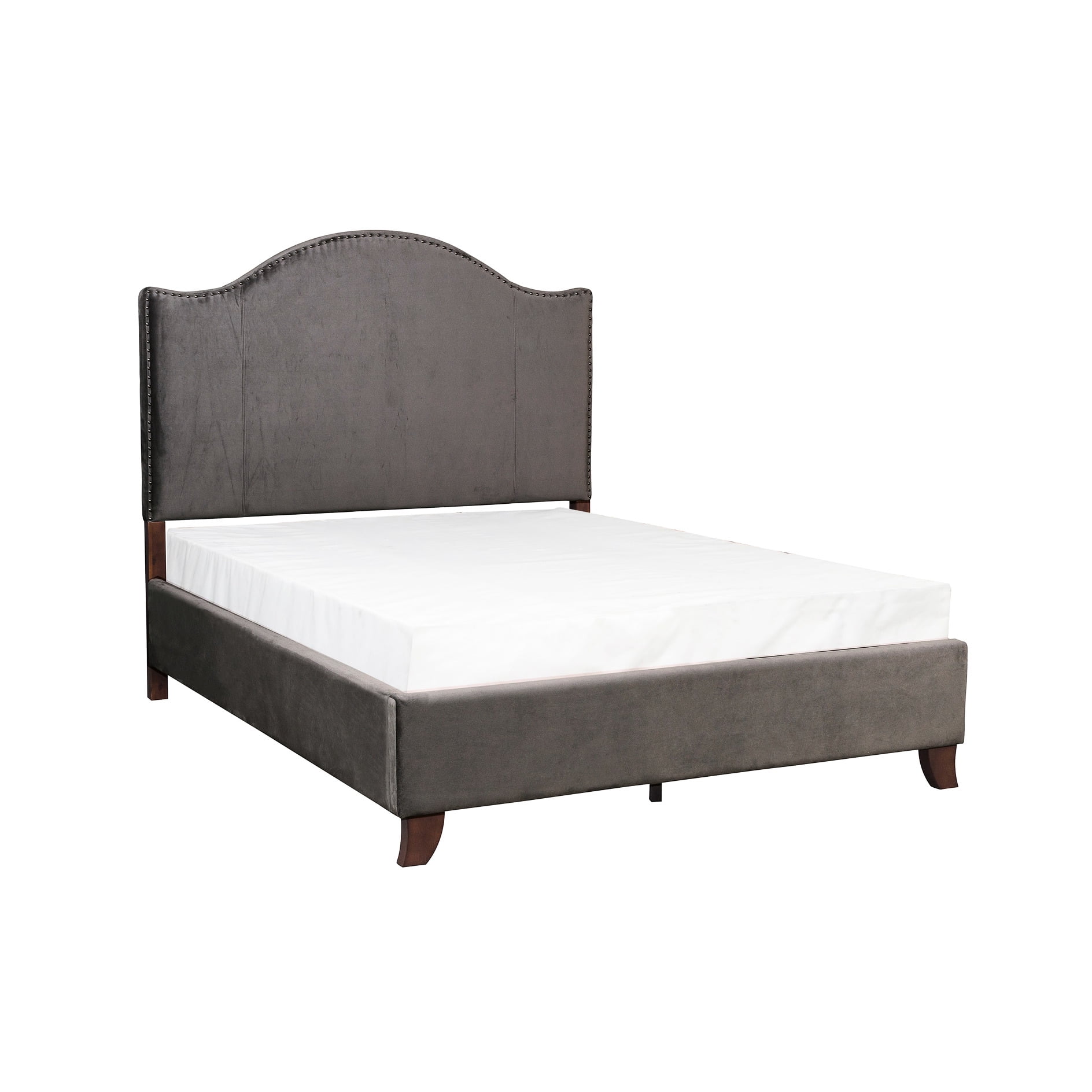 Traditional Queen Bed With Gray Velvet Upholstery And Solid Wood Top ...