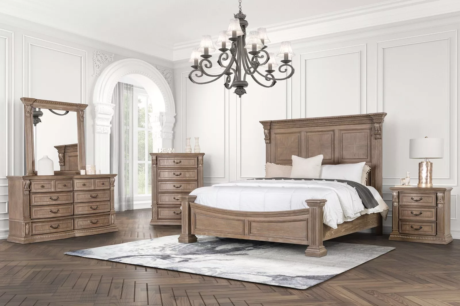 Traditional Queen Size Bed 6pc Bedroom Set Bed Dresser Mirror Chest ...
