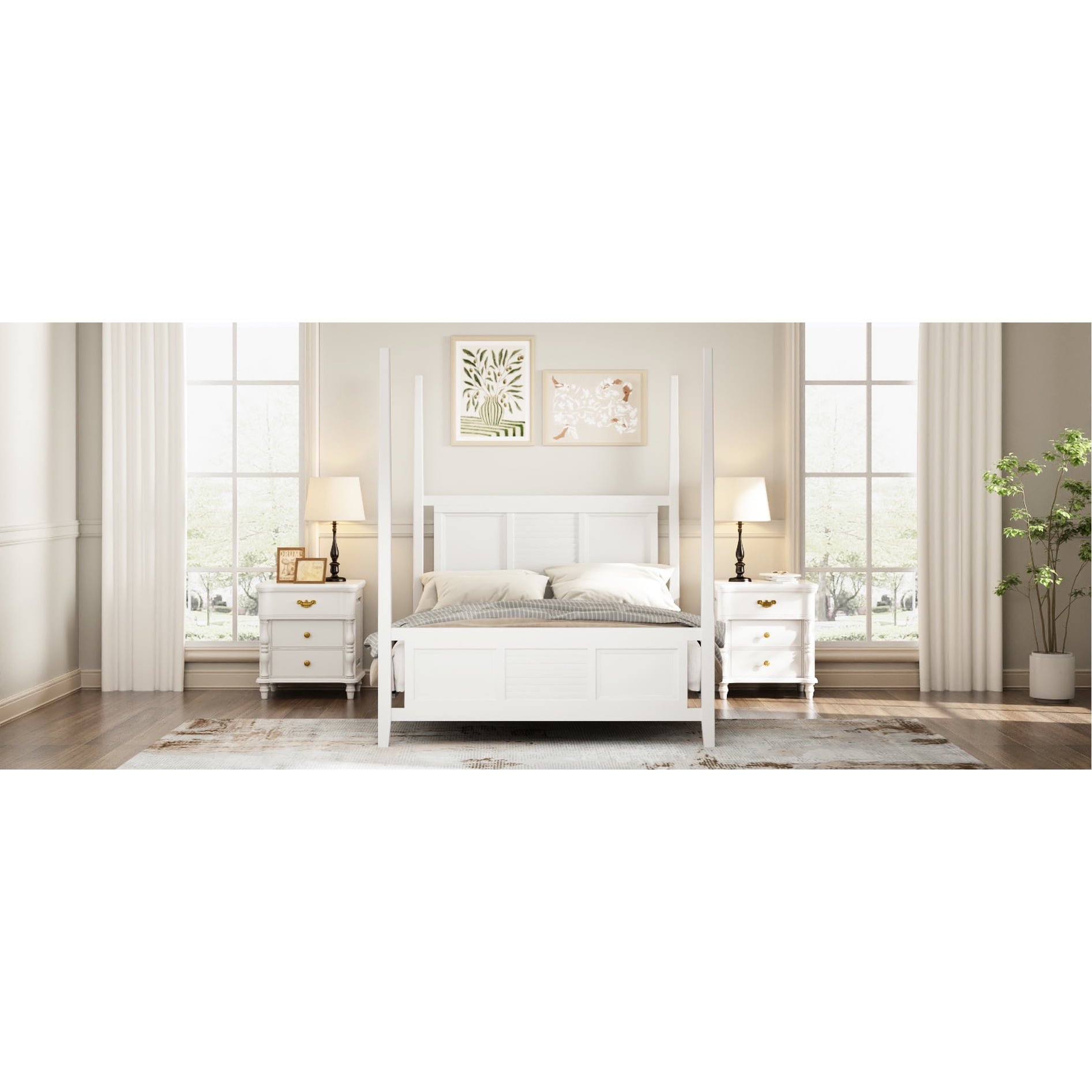 Traditional Queen Size Solid Wood Four Poster Bed With Horizontal ...