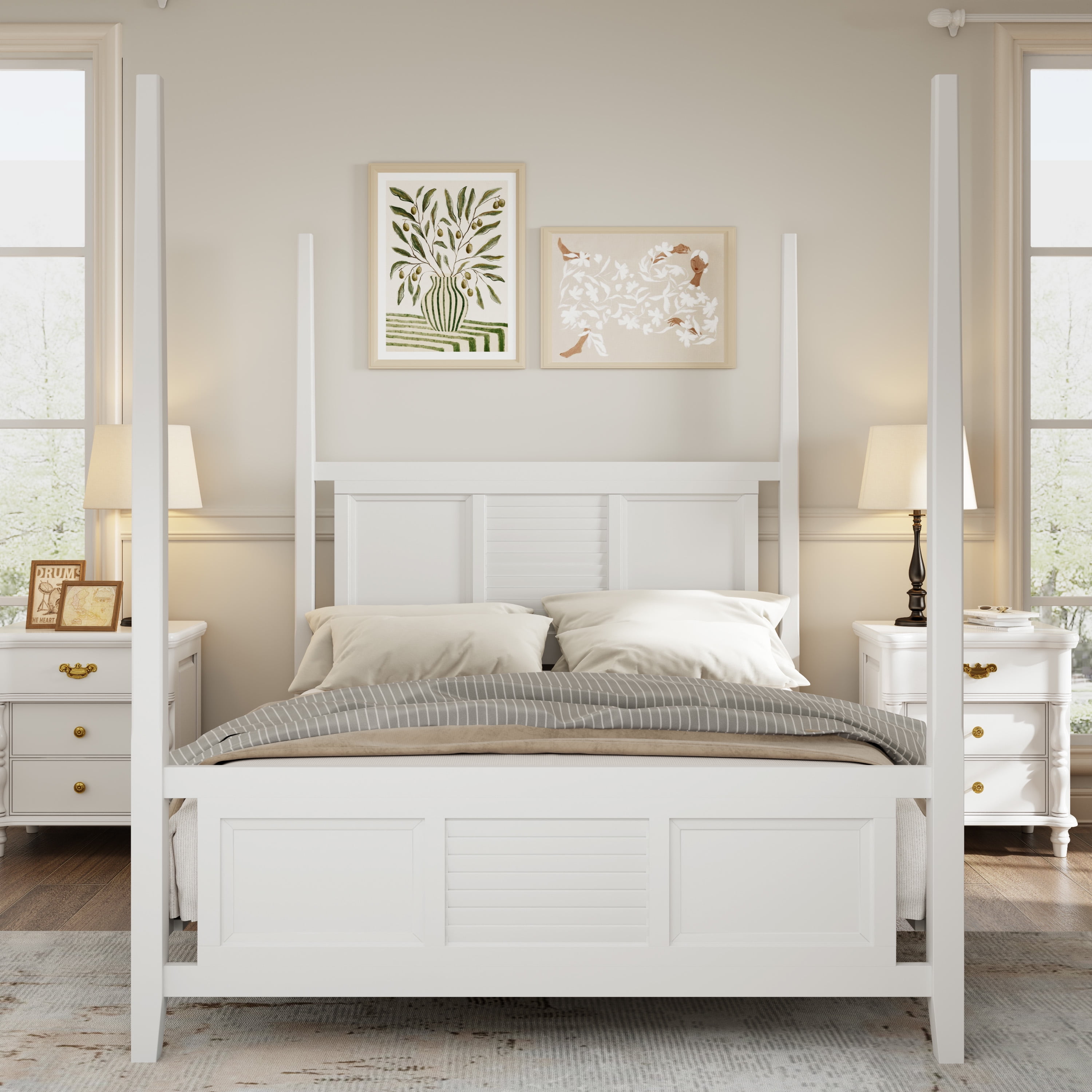 Traditional Queen Size Solid Wood Four Poster Bed with Horizontal ...