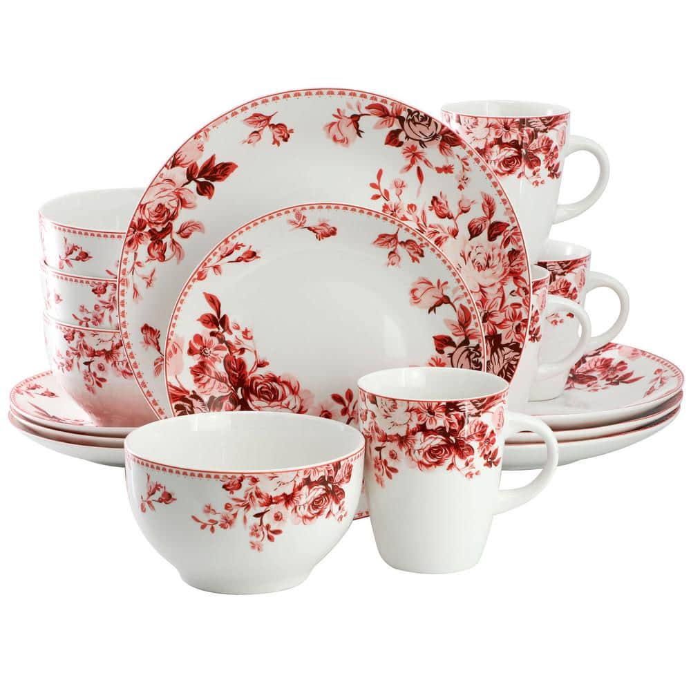 Traditional Rose 16 Piece Red Stoneware Dinnerware Set, Service For 4 ...