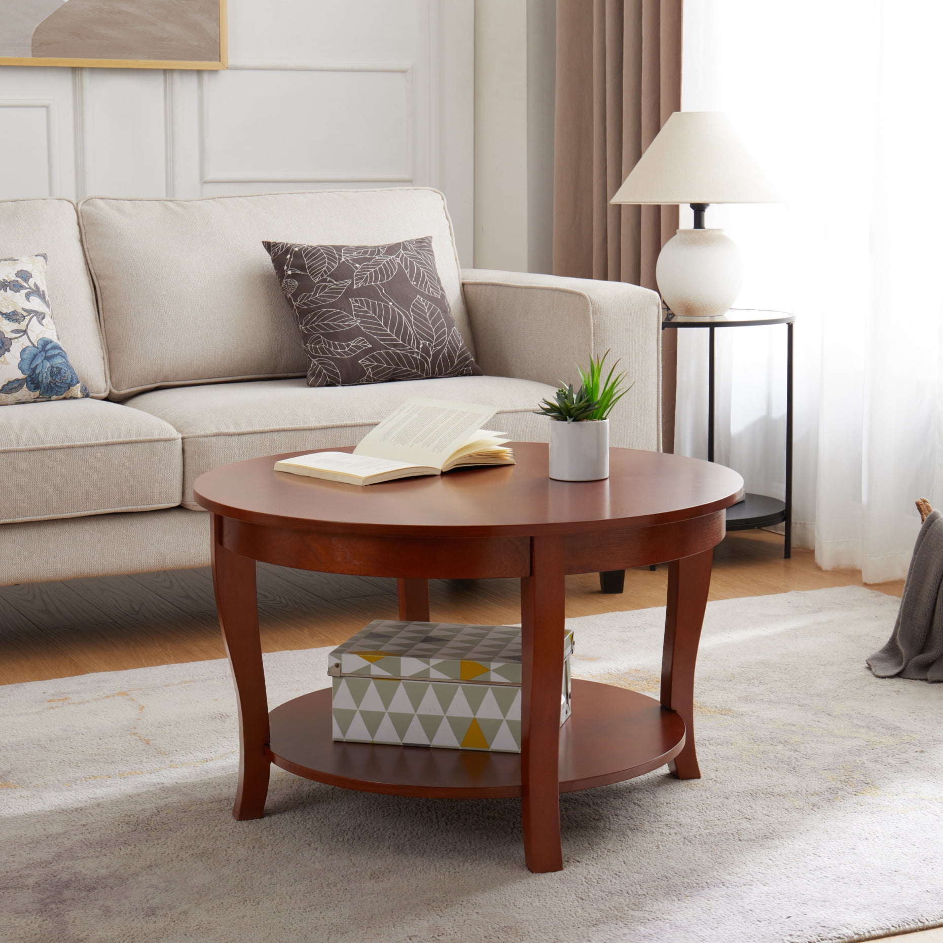 Traditional Round Coffee Table with Open Storage Shelf, 2-Tier Wood ...
