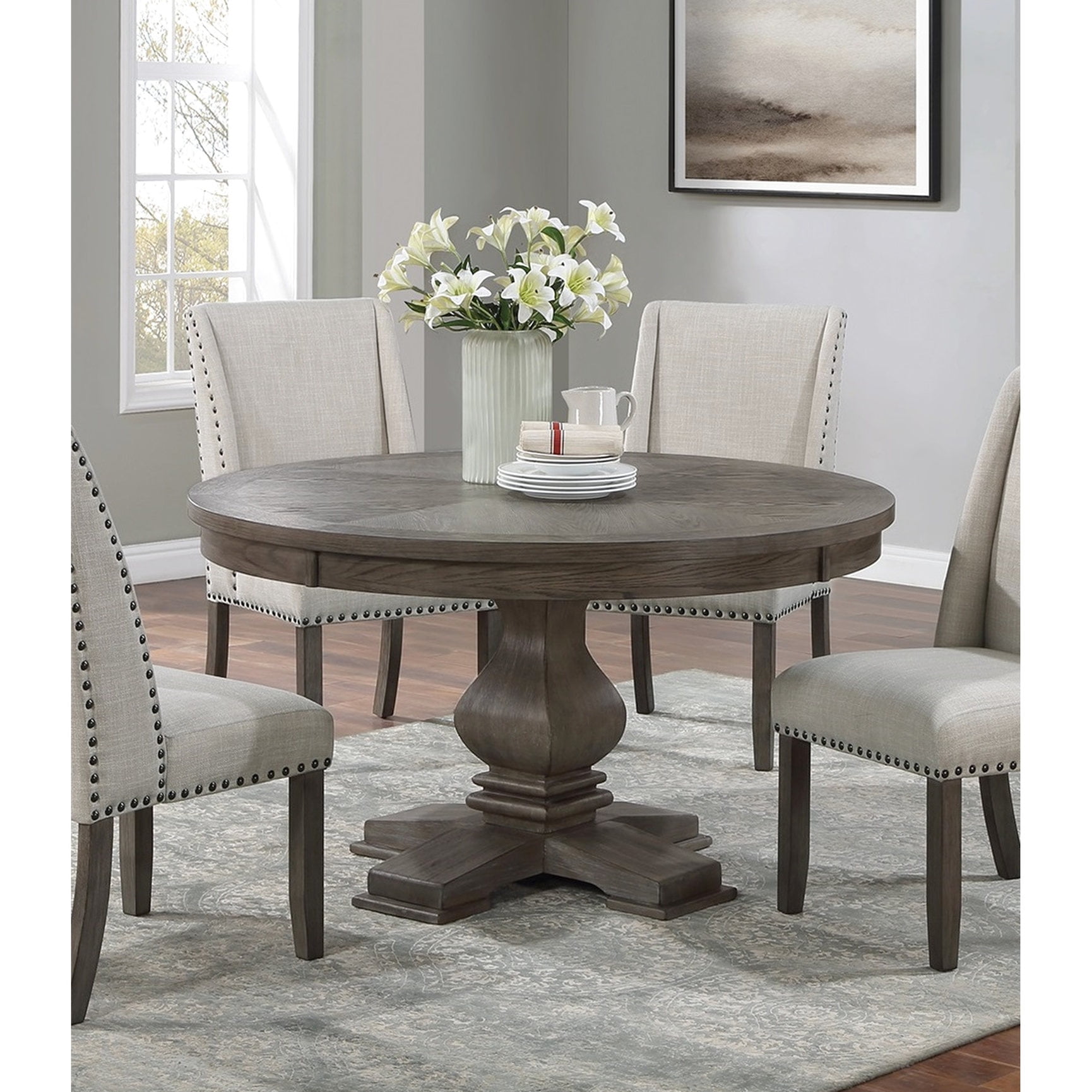 Traditional Round Dining Table with Oak Finish and Pedestal - Adds ...