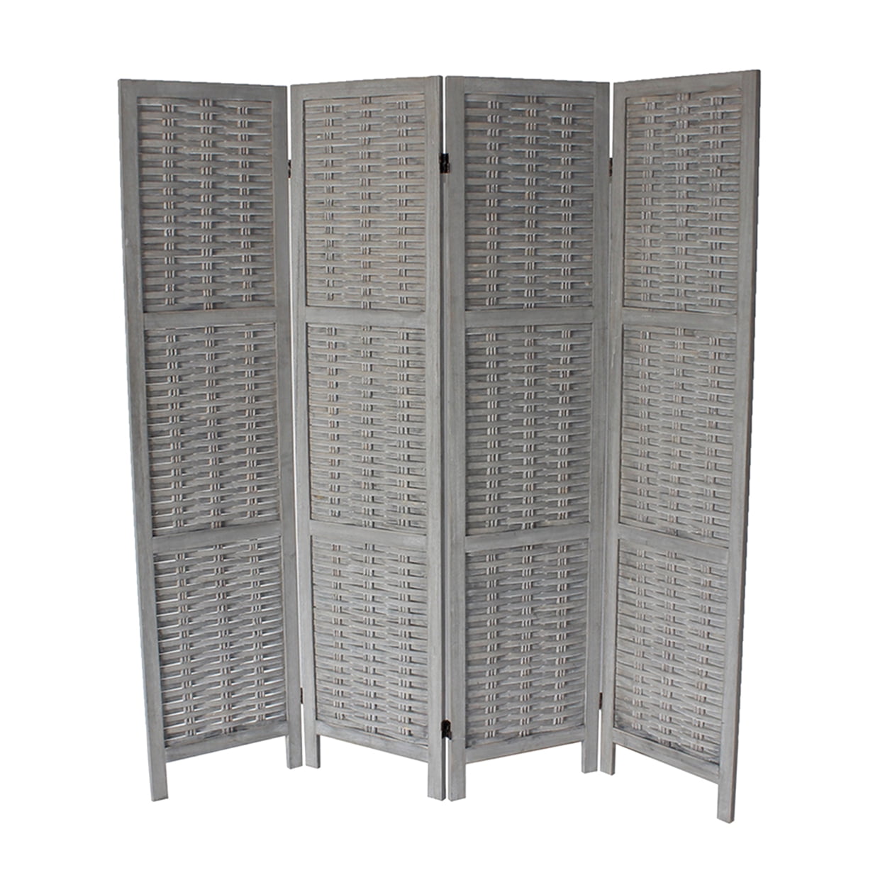 Traditional Rustic 4 Panel Room Divider with Woven Details, Gray ...