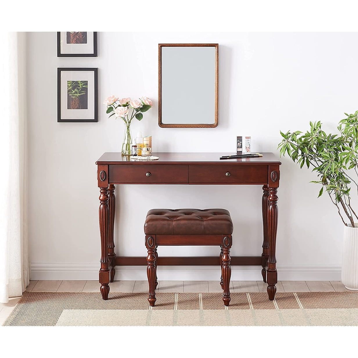 Traditional Shoe Bench with Button Tufted Pad Wood Turned Legs ...