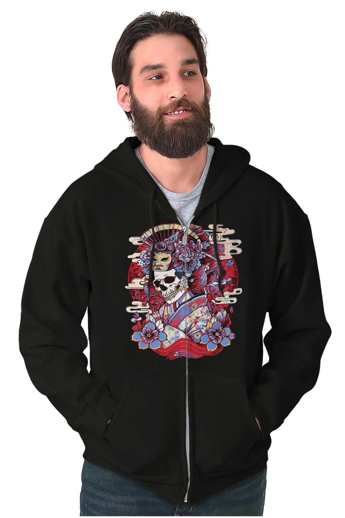 Traditional Skeleton Geisha Mask Zip Up Hoodie Men's Women's Brisco ...