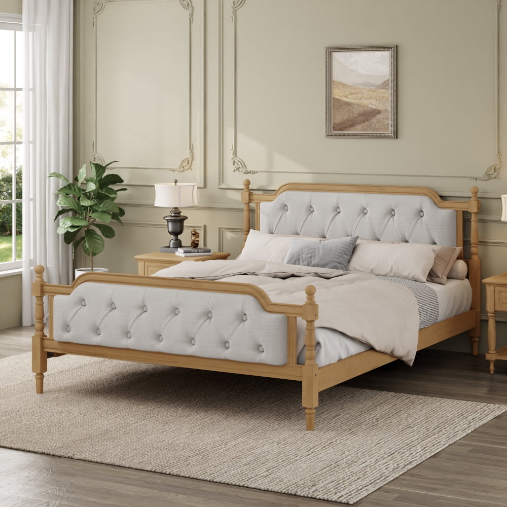 Traditional Solid Wood Bed Frame With Upholstered Tufted Headboard ...