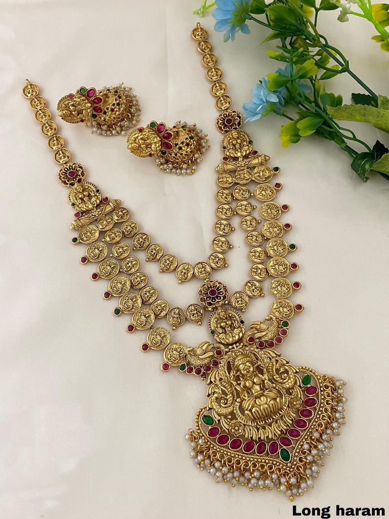 Traditional South Indian Temple Long Haram Necklace Set with Lakshmi ...