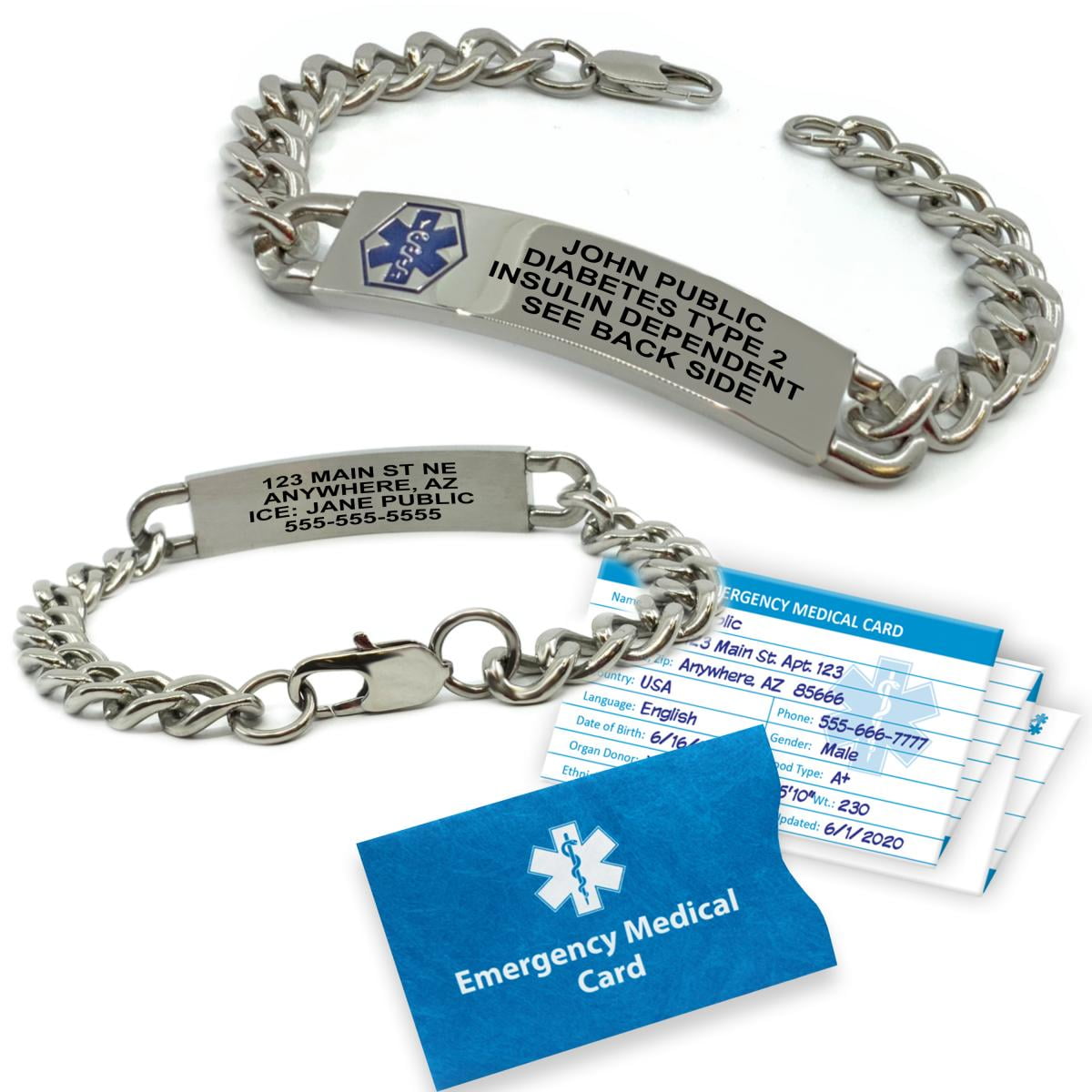 Traditional Stainless Steel Medical Alert ID Bracelets For Men. Incl. 7 lines Custom Engraving ...