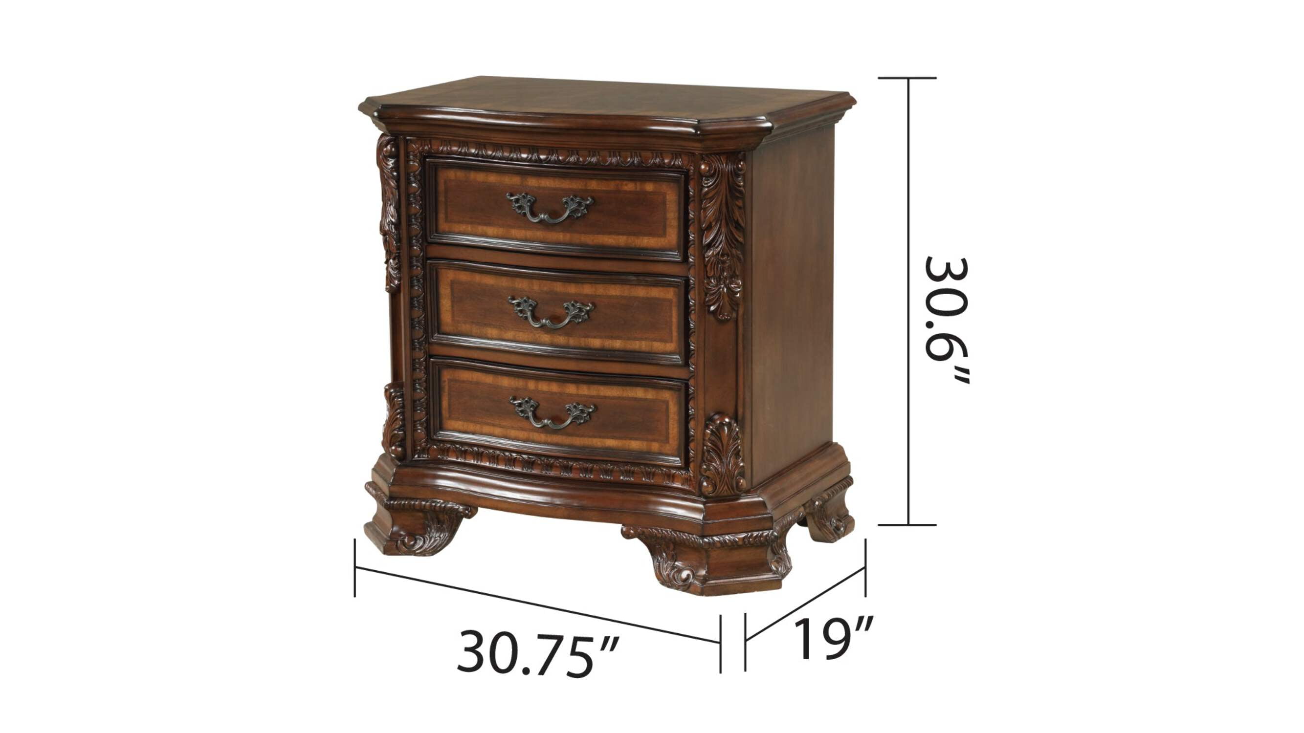 Traditional Style 3 Drawer Night Stand With Metal Drawer Pulls Made ...